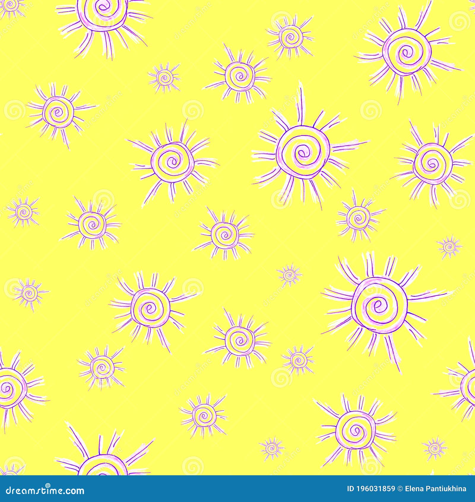 Seamless Patterns. Bright Pink Suns on a Yellow Background. Doodle ...