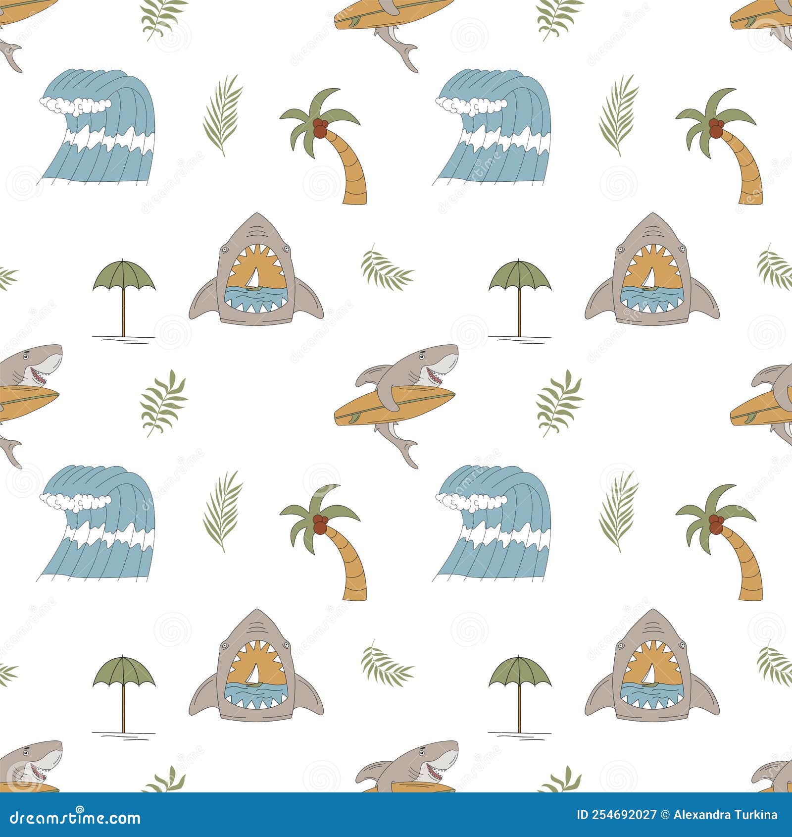 Seamless Pattern with Hand-drawn Elements with a Surf Theme. Wave, Surf ...