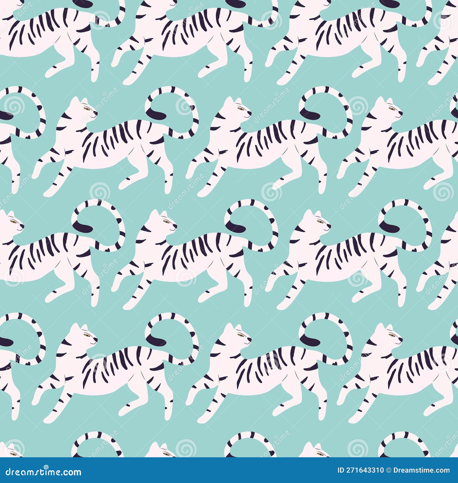 Seamless Pattern with Hand Drawn Exotic Big Cat Tiger, in White, on ...