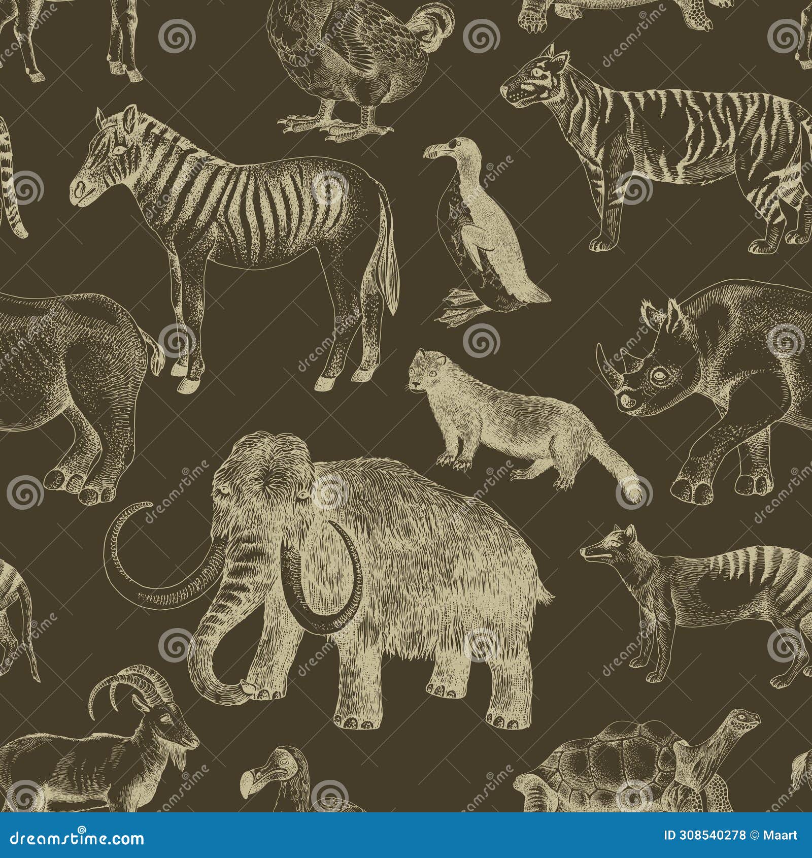 Seamless Pattern with Hand Drawn Extinct Animals Stock Vector ...