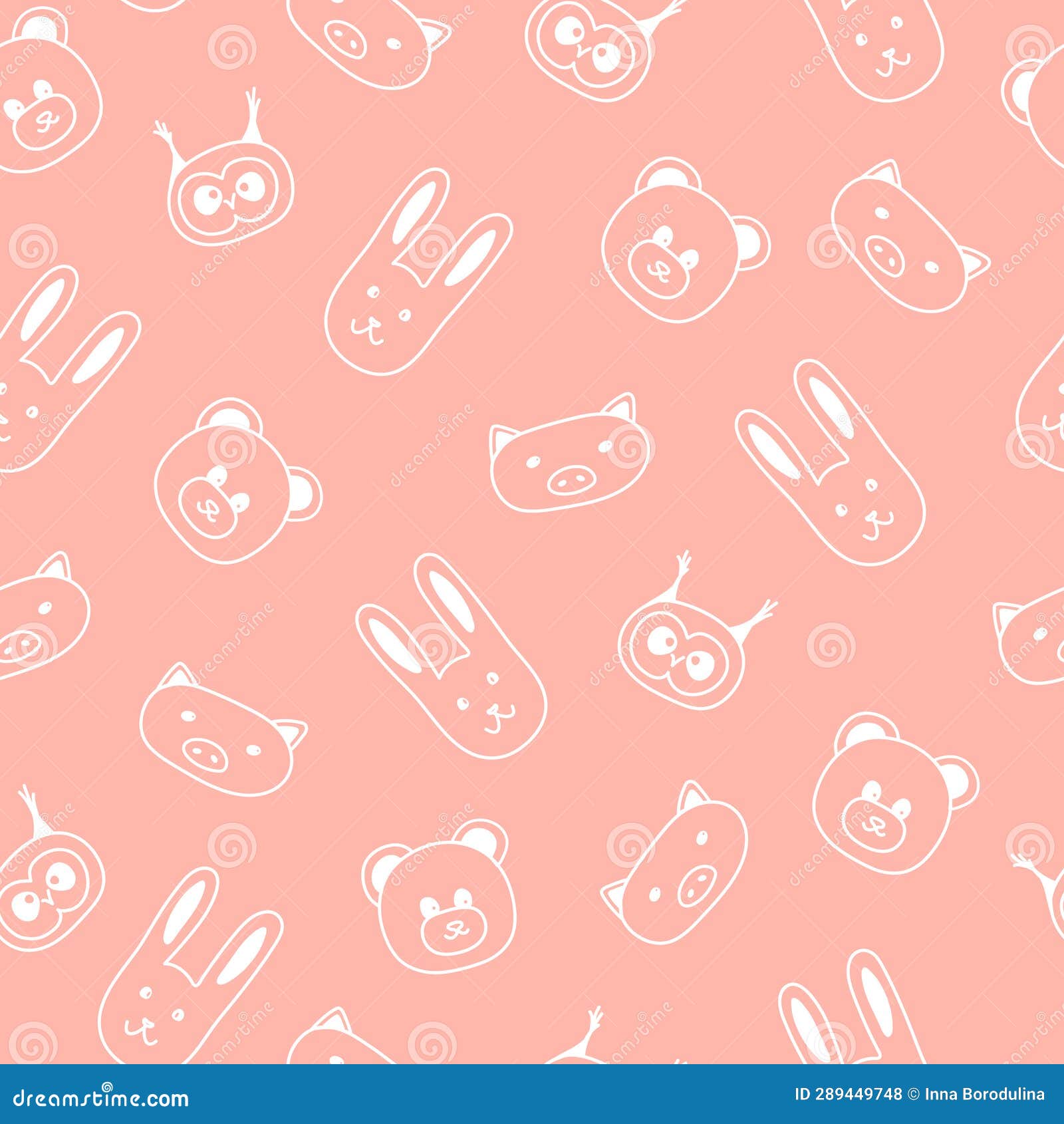 Seamless Pattern with Hand Drawn Face of Rabbit, Hare, Pig, Owl, Bear ...