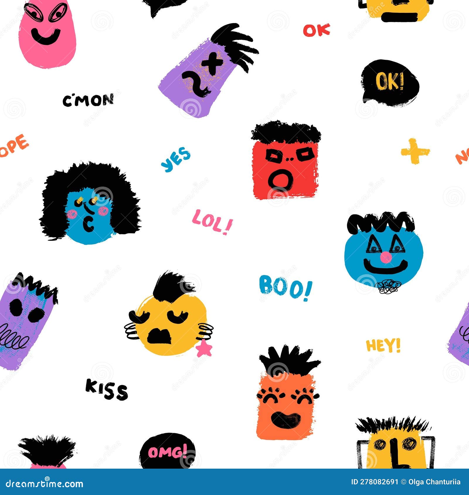 Seamless Pattern with Hand Drawn Faces. Funky Characters, Emotions ...