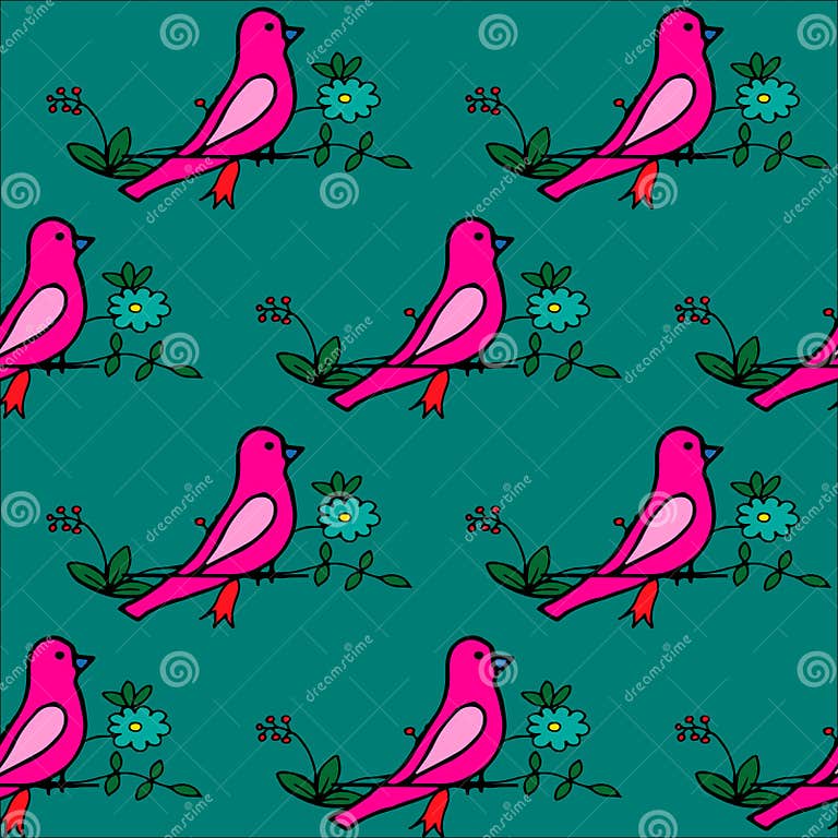 Seamless Pattern with Hand Drawn Flowers and Birds Stock Vector ...