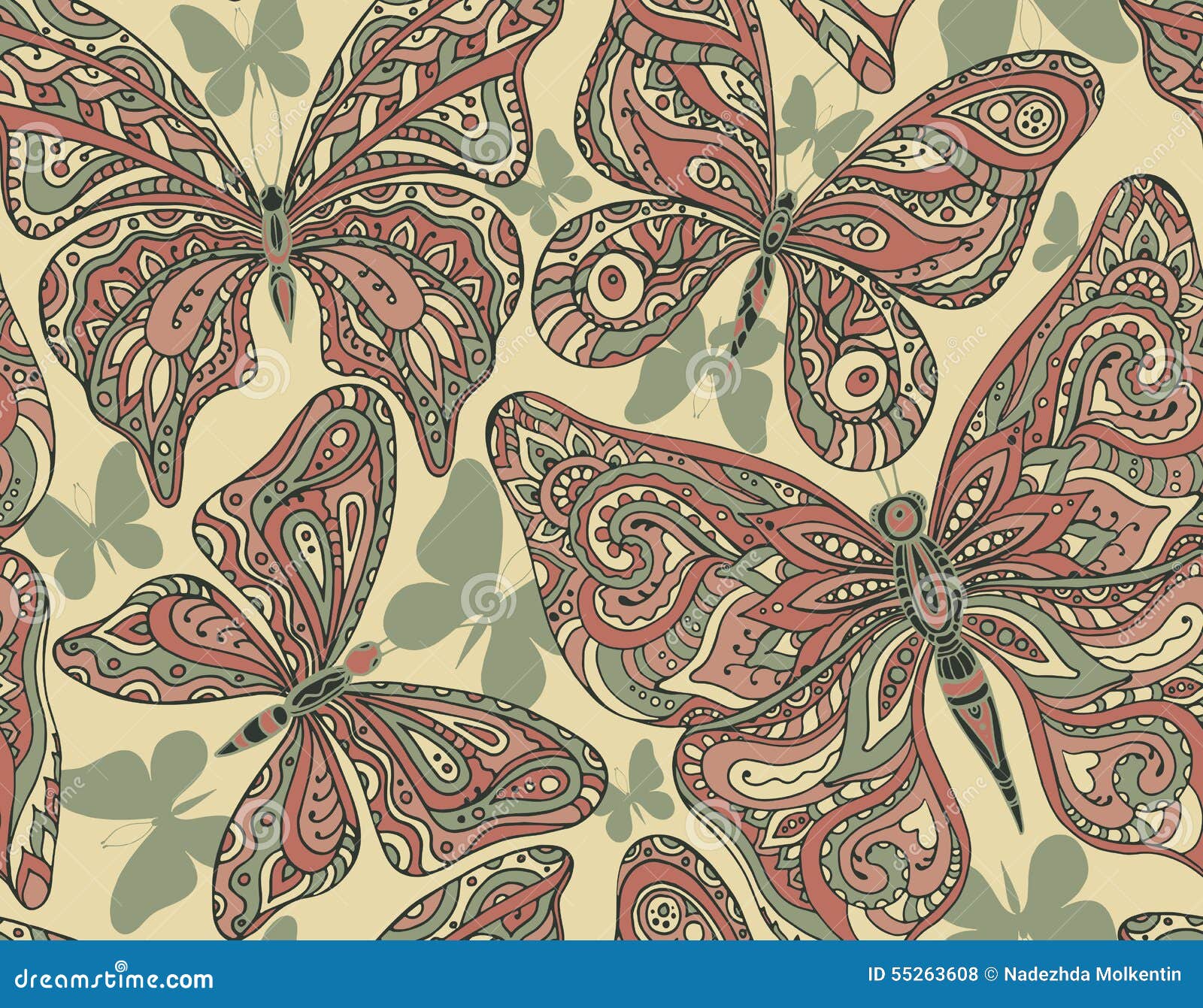 Seamless Pattern with Hand Drawn Flying Butterflies. Stock Vector ...