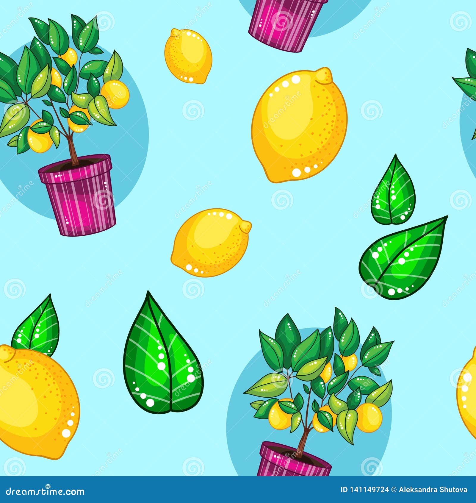 Seamless Pattern with Hand Drawn Illustration of Cartoon Lemon Tree in ...