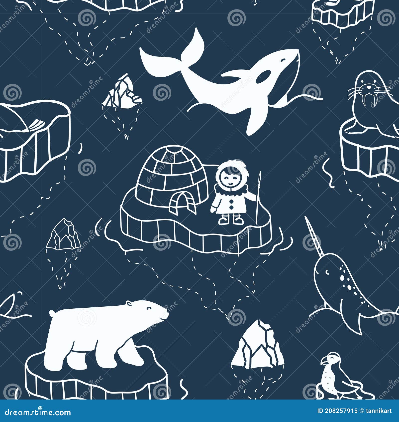 Seamless Pattern with Hand-drawn Illustrations of Arctic Animals and ...