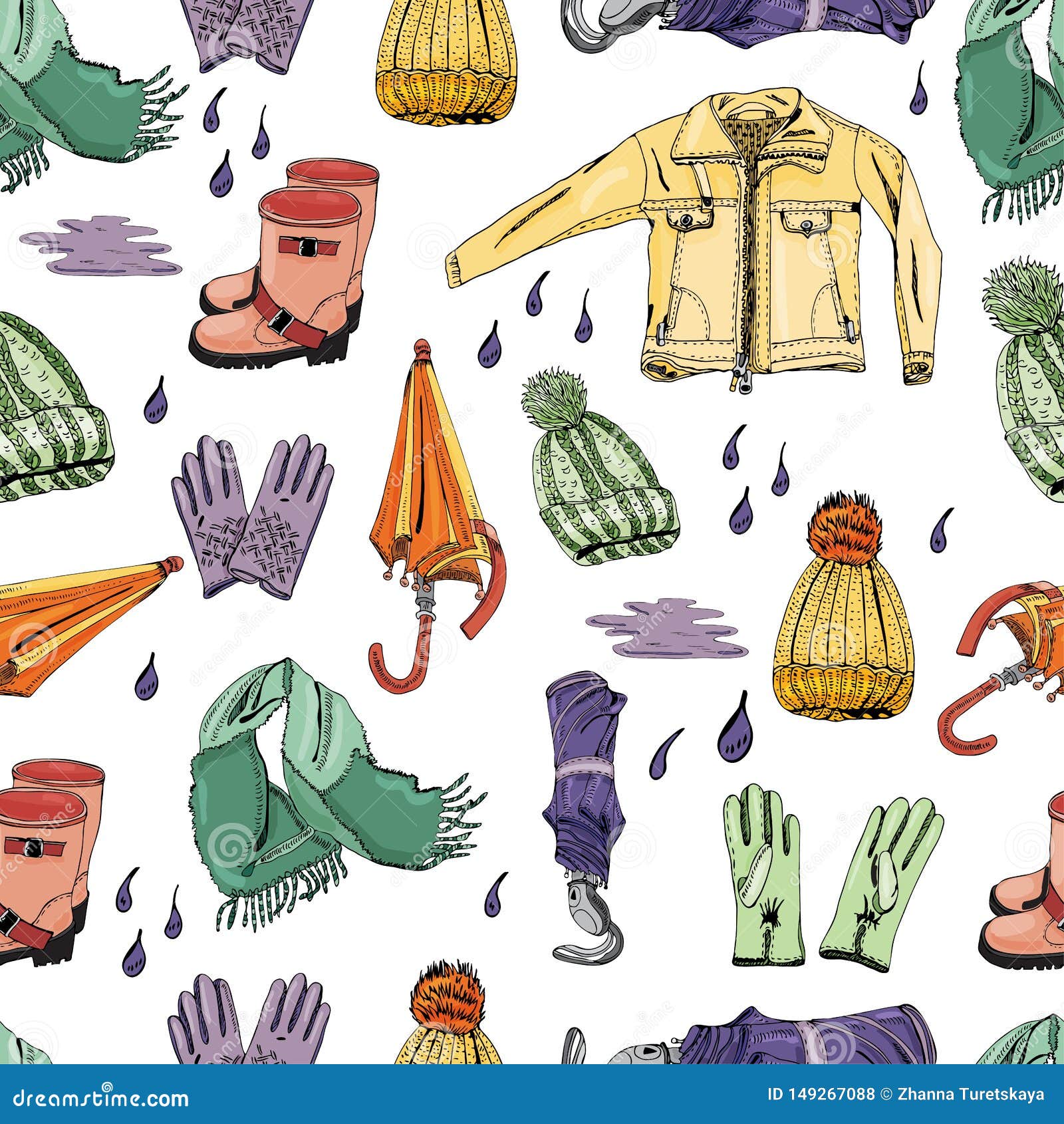 Seamless Pattern with Hand Drawn of Items of Autumn Clothes and Drops ...