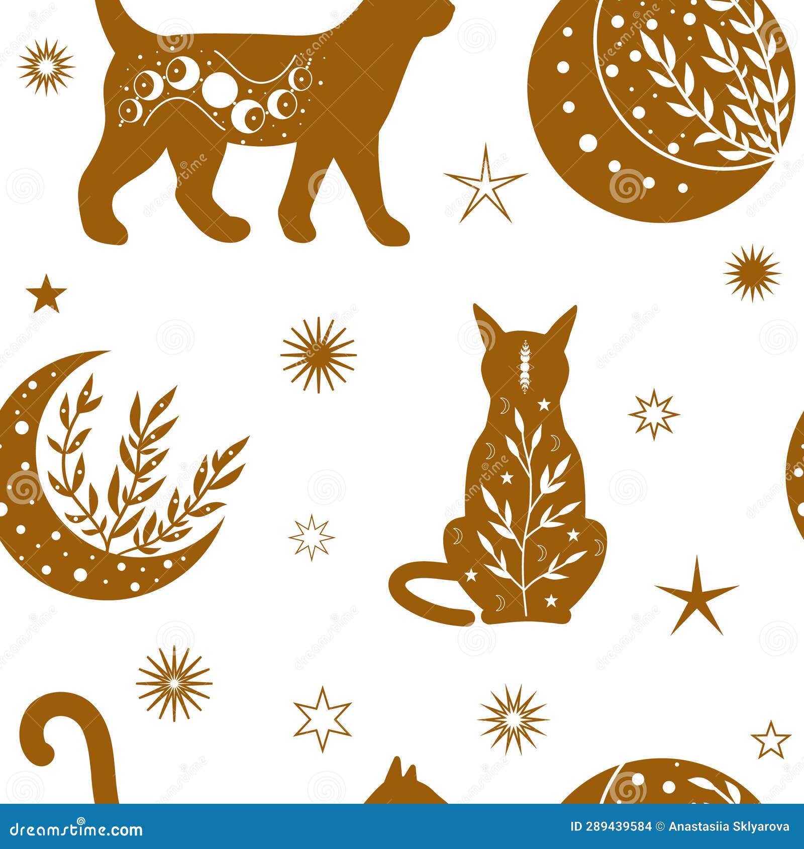 Seamless Pattern of Hand Drawn Line Art Mystical Celestial Witchy Cats ...