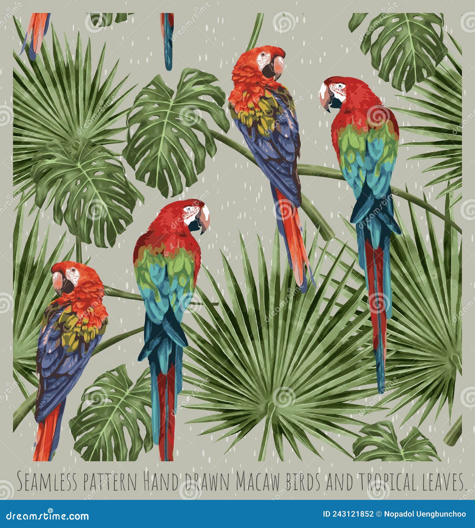 Seamless Pattern Hand Drawn Macaw Birds and Tropical Leaves Stock ...