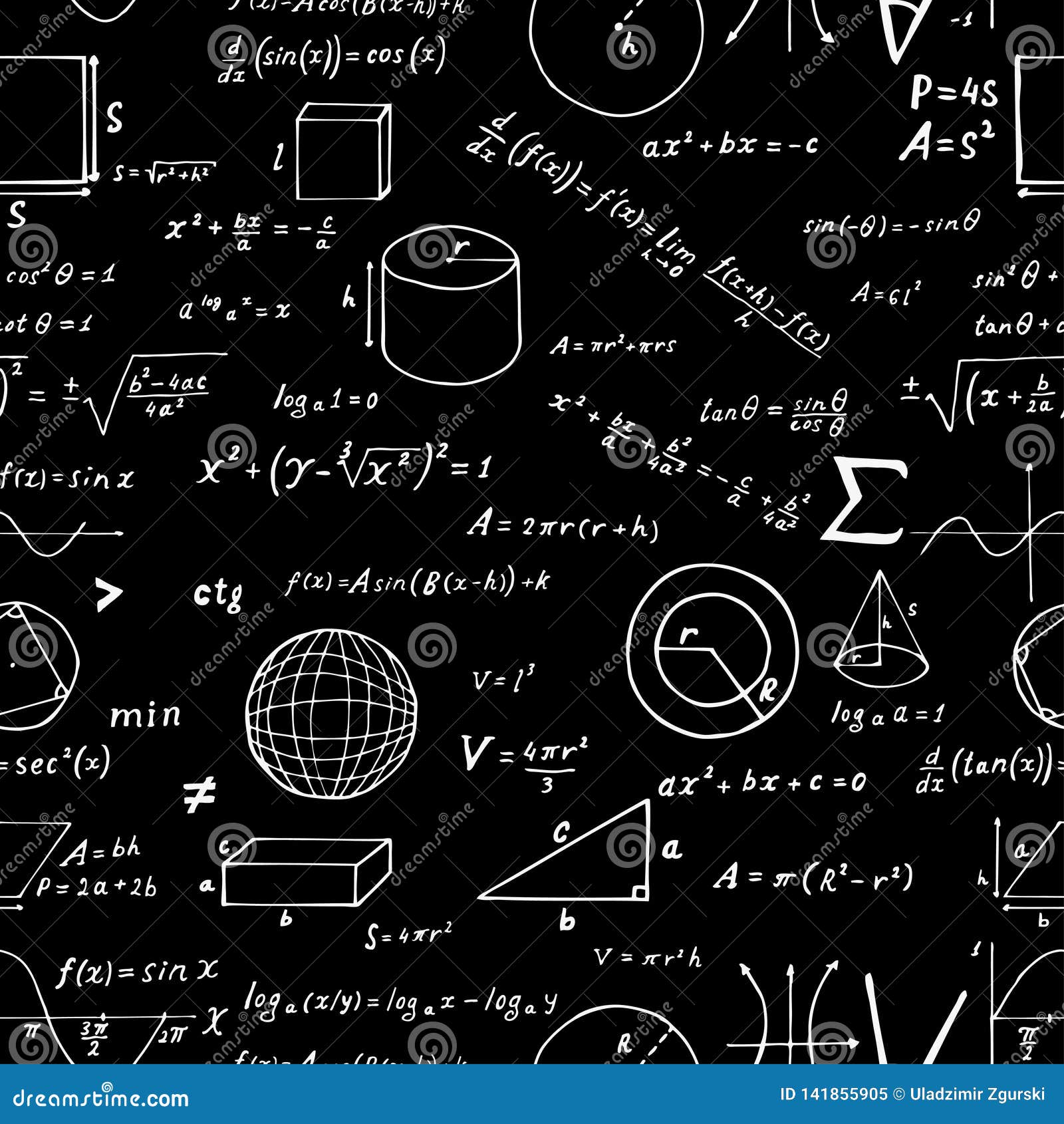 Seamless Pattern, Hand Drawn Mathematical Formulas and Signs Stock ...