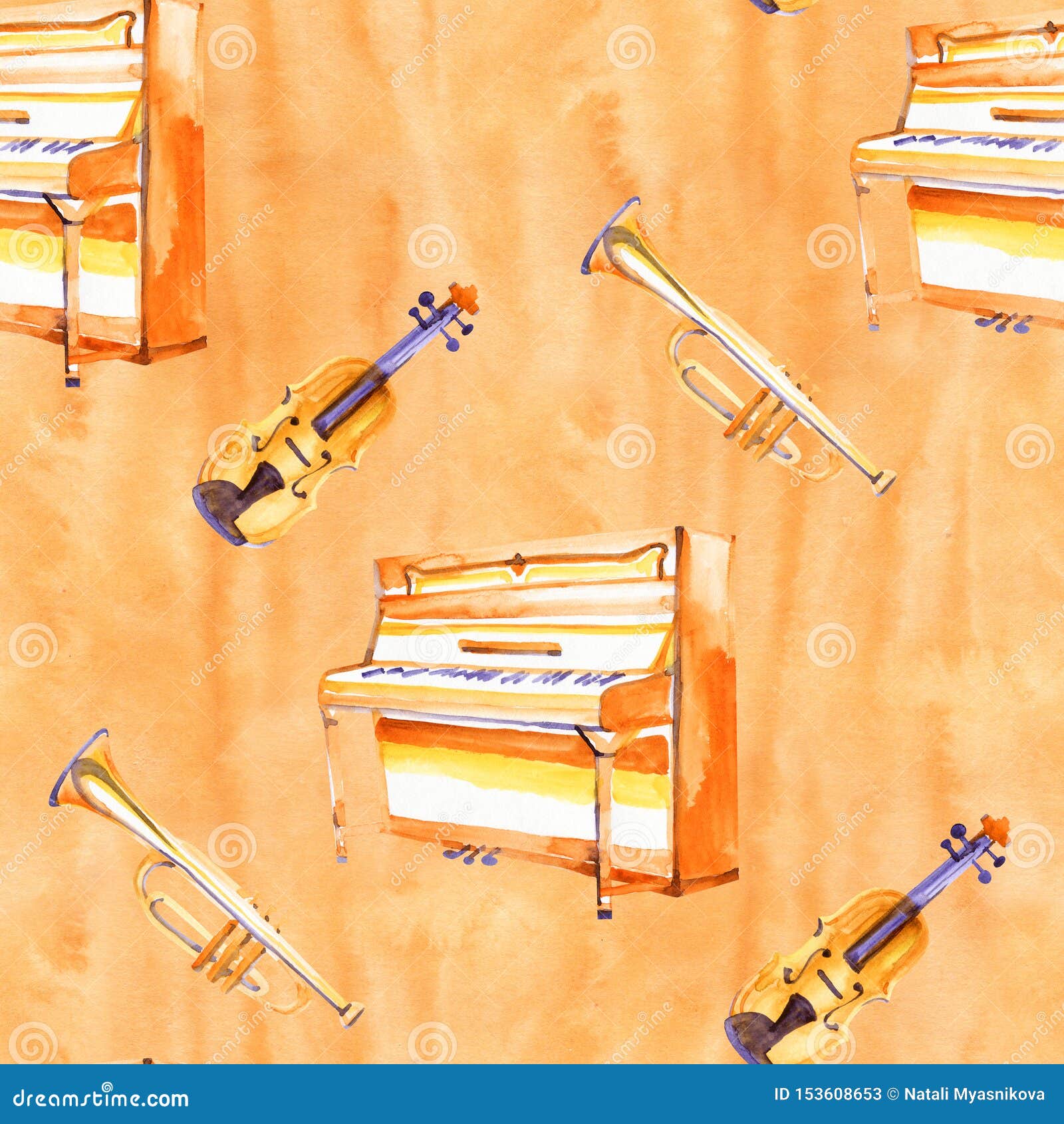 A Seamless Pattern with Hand Drawn Music Instruments on a Watercolor ...