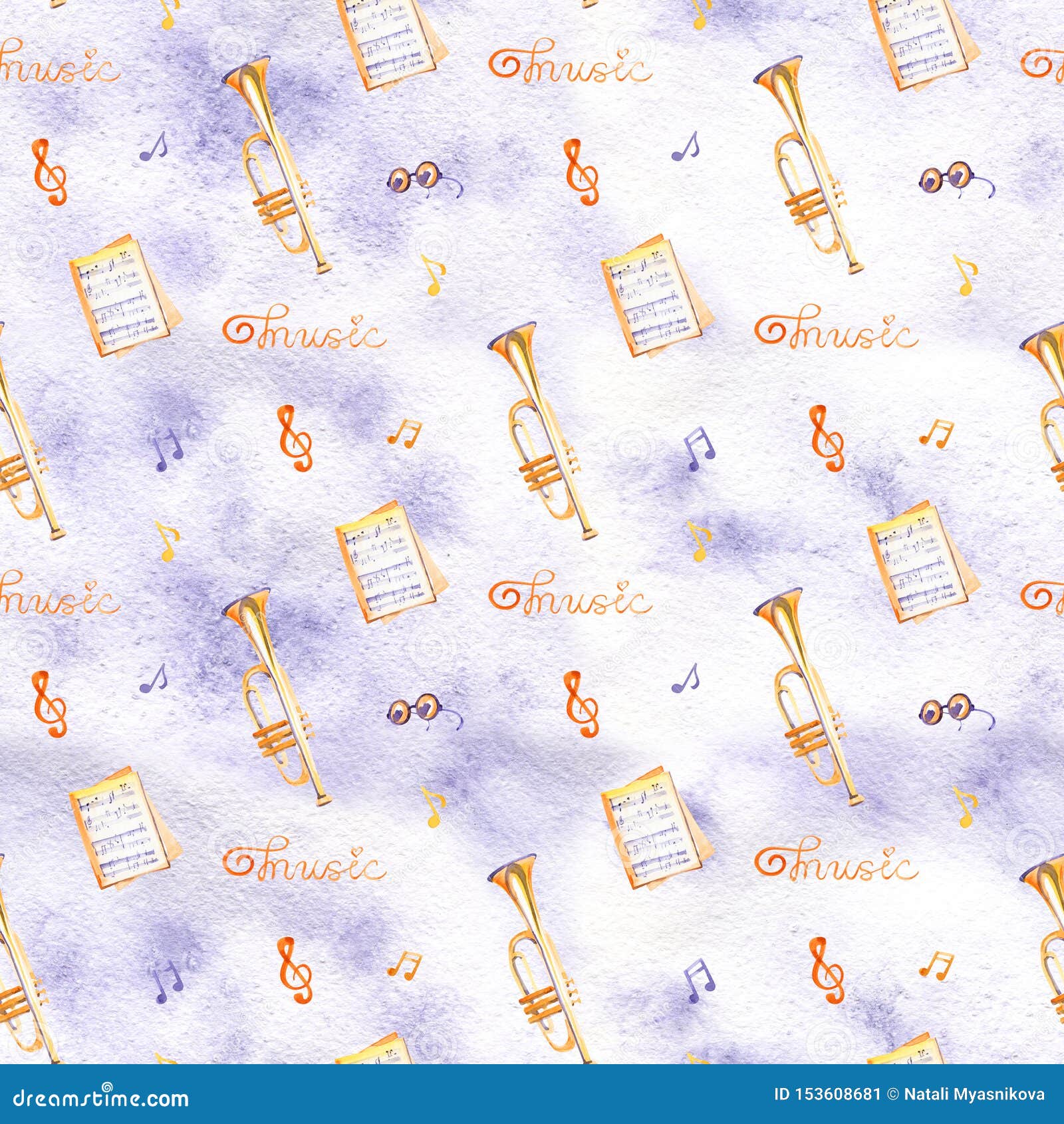 A Seamless Pattern with Hand Drawn Music Instruments on a Watercolor ...