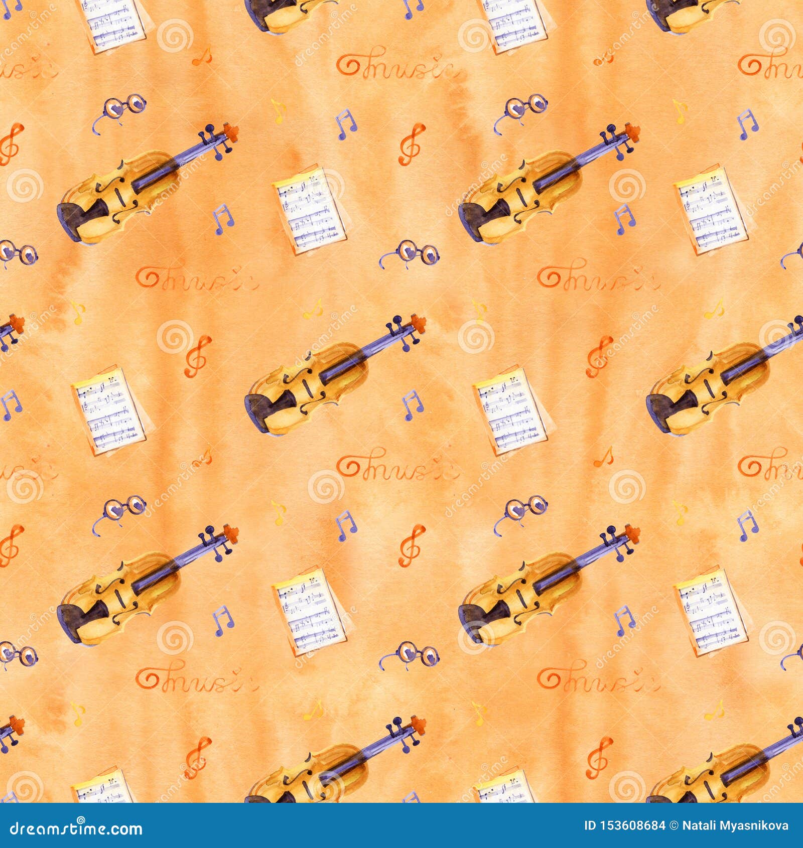 A Seamless Pattern with Hand Drawn Music Instruments on a Watercolor ...