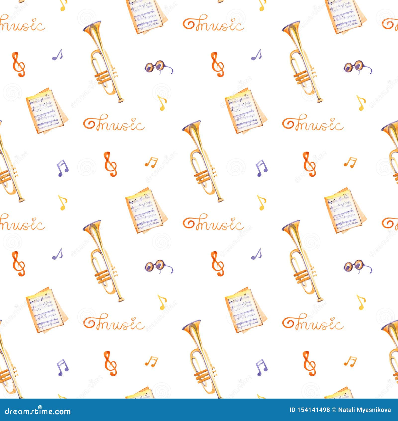 A Seamless Pattern with Hand Drawn Music Instruments on a Watercolor ...