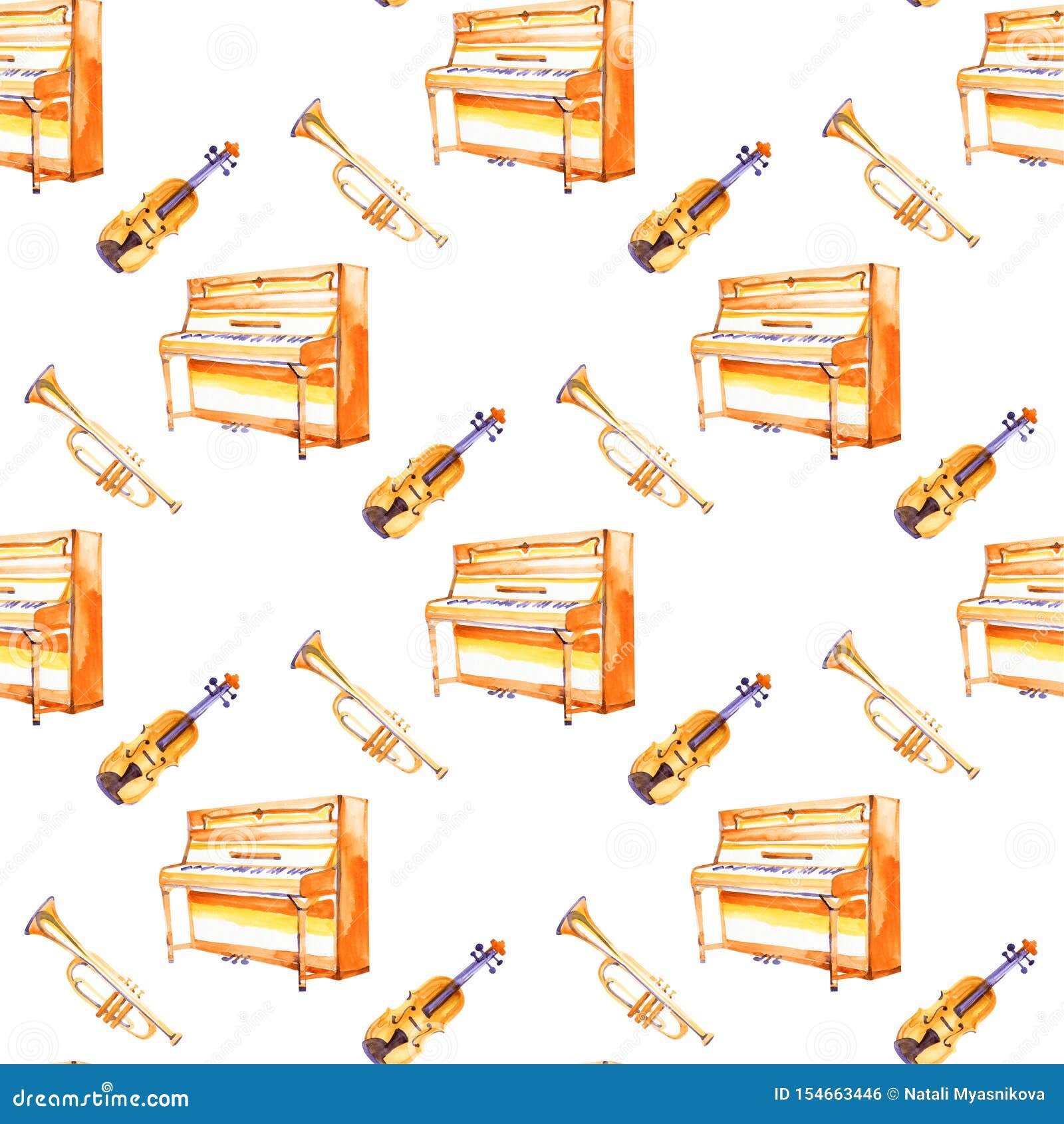 A Seamless Pattern with Hand Drawn Music Instruments on a Watercolor ...