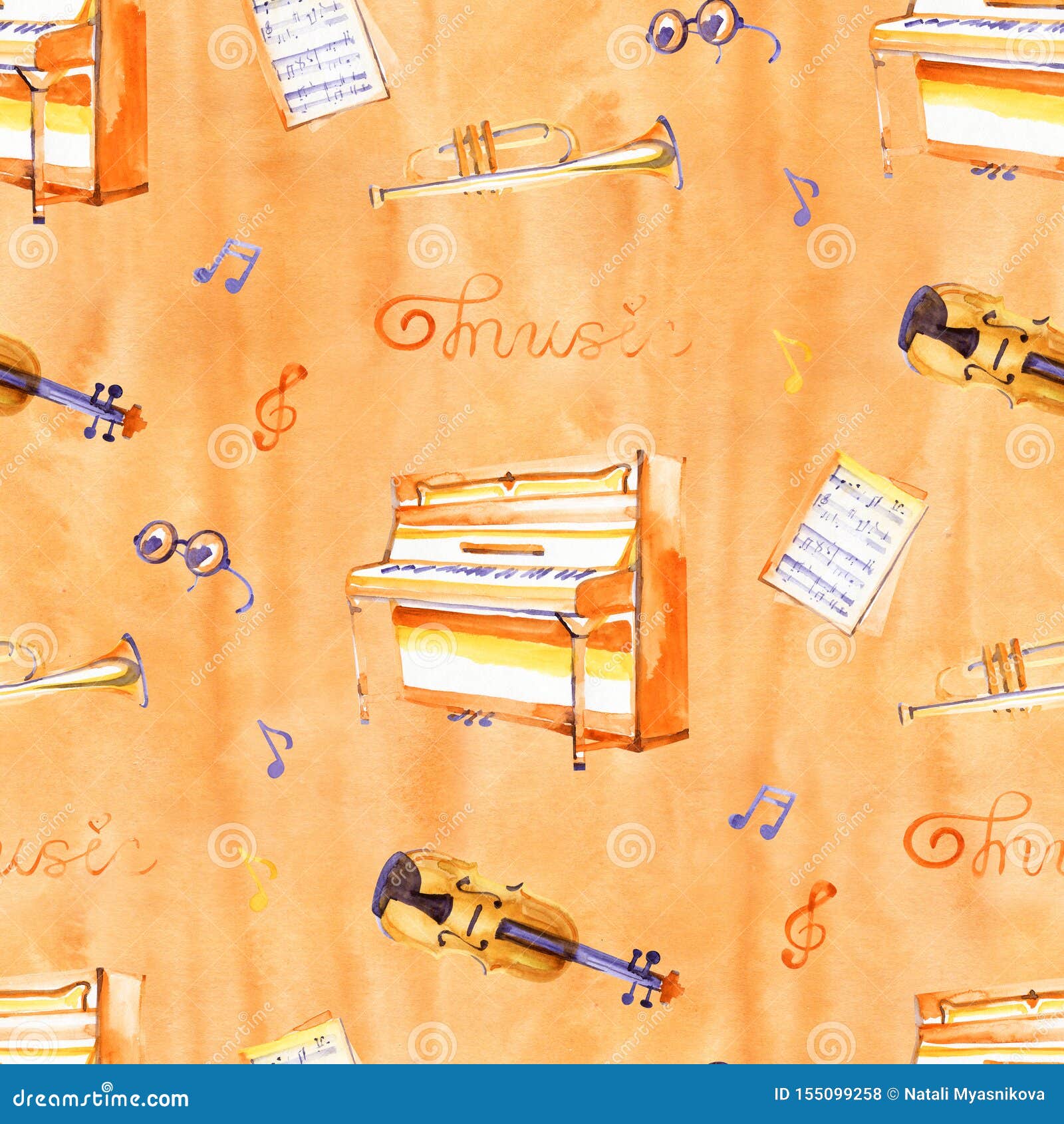 A Seamless Pattern with Hand Drawn Music Instruments on a Watercolor ...