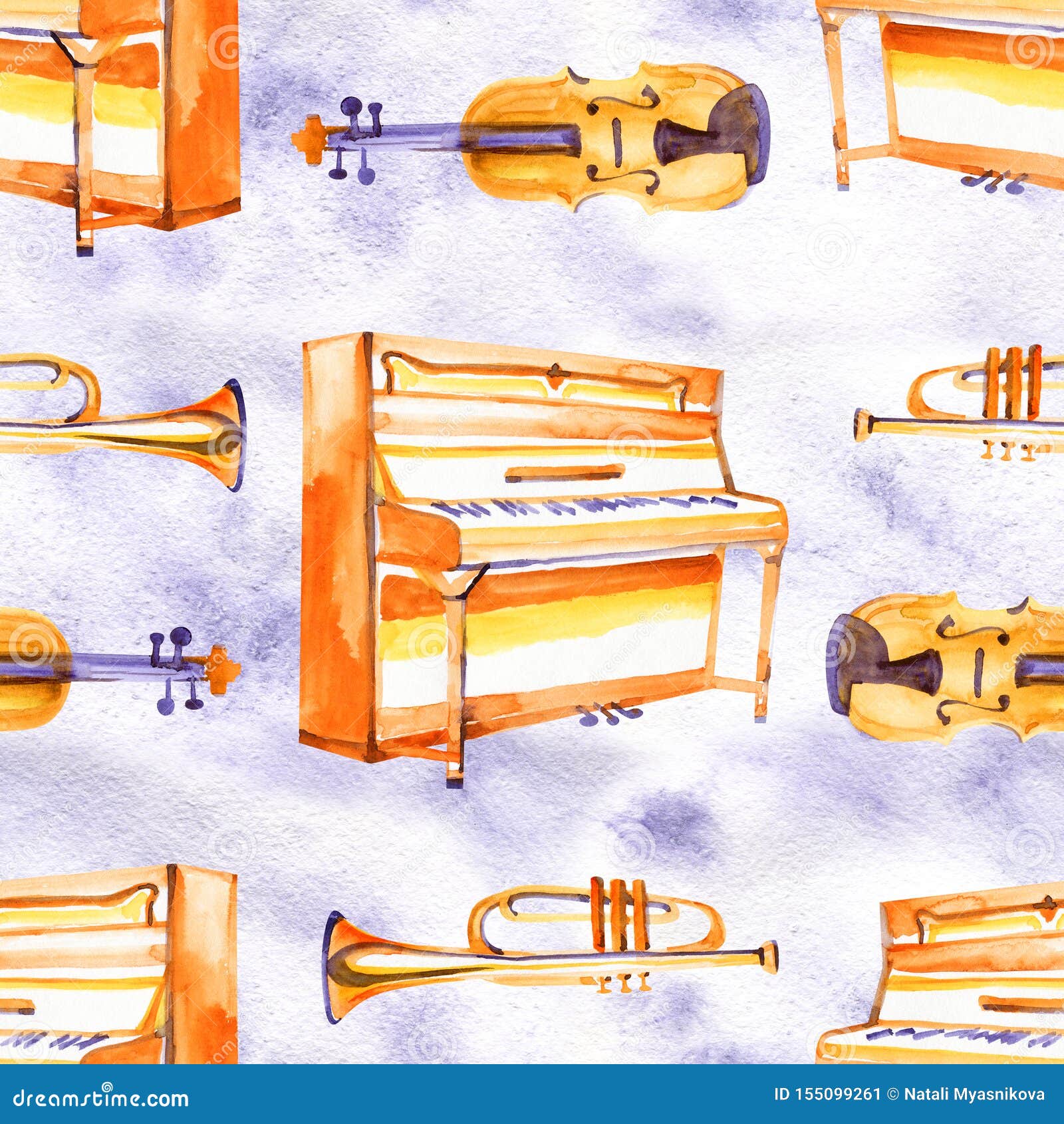 A Seamless Pattern with Hand Drawn Music Instruments on a Watercolor ...