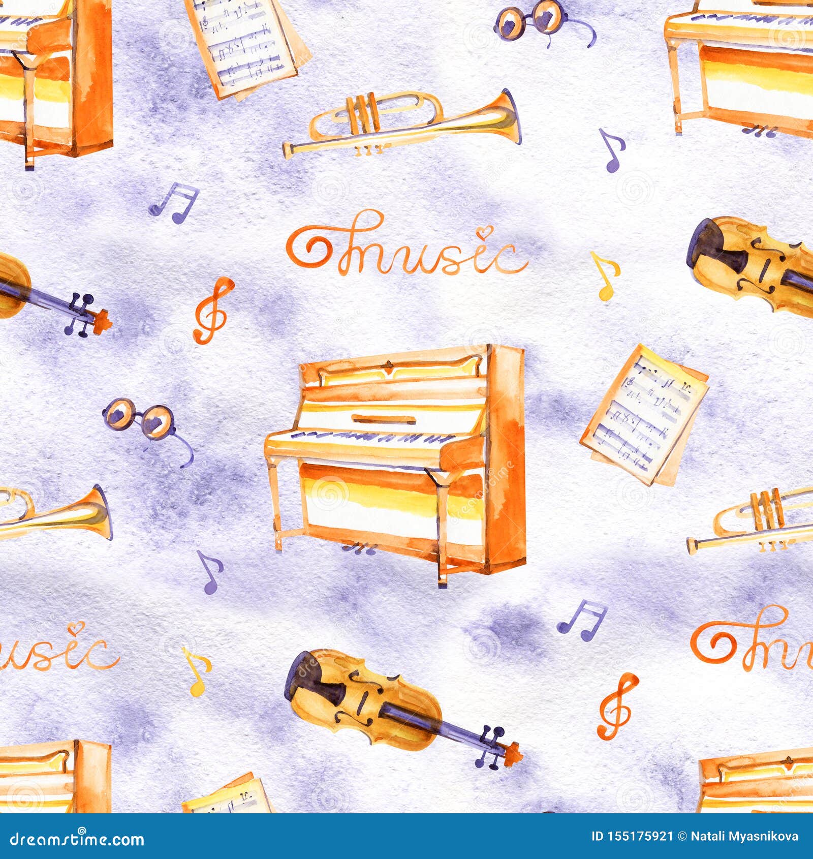 A Seamless Pattern with Hand Drawn Music Instruments on a Watercolor ...