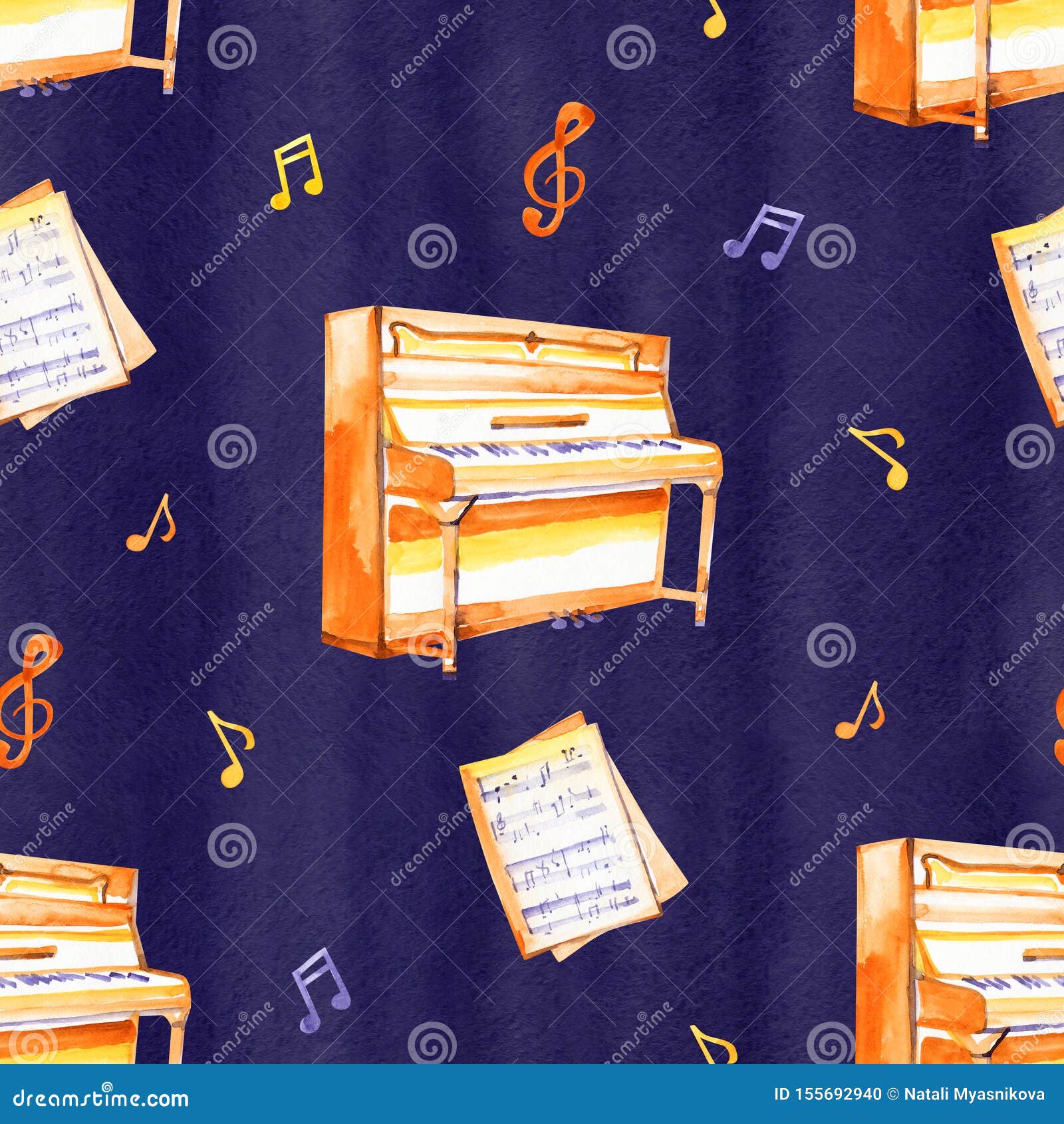 A Seamless Pattern with Hand Drawn Music Instruments on a Watercolor ...