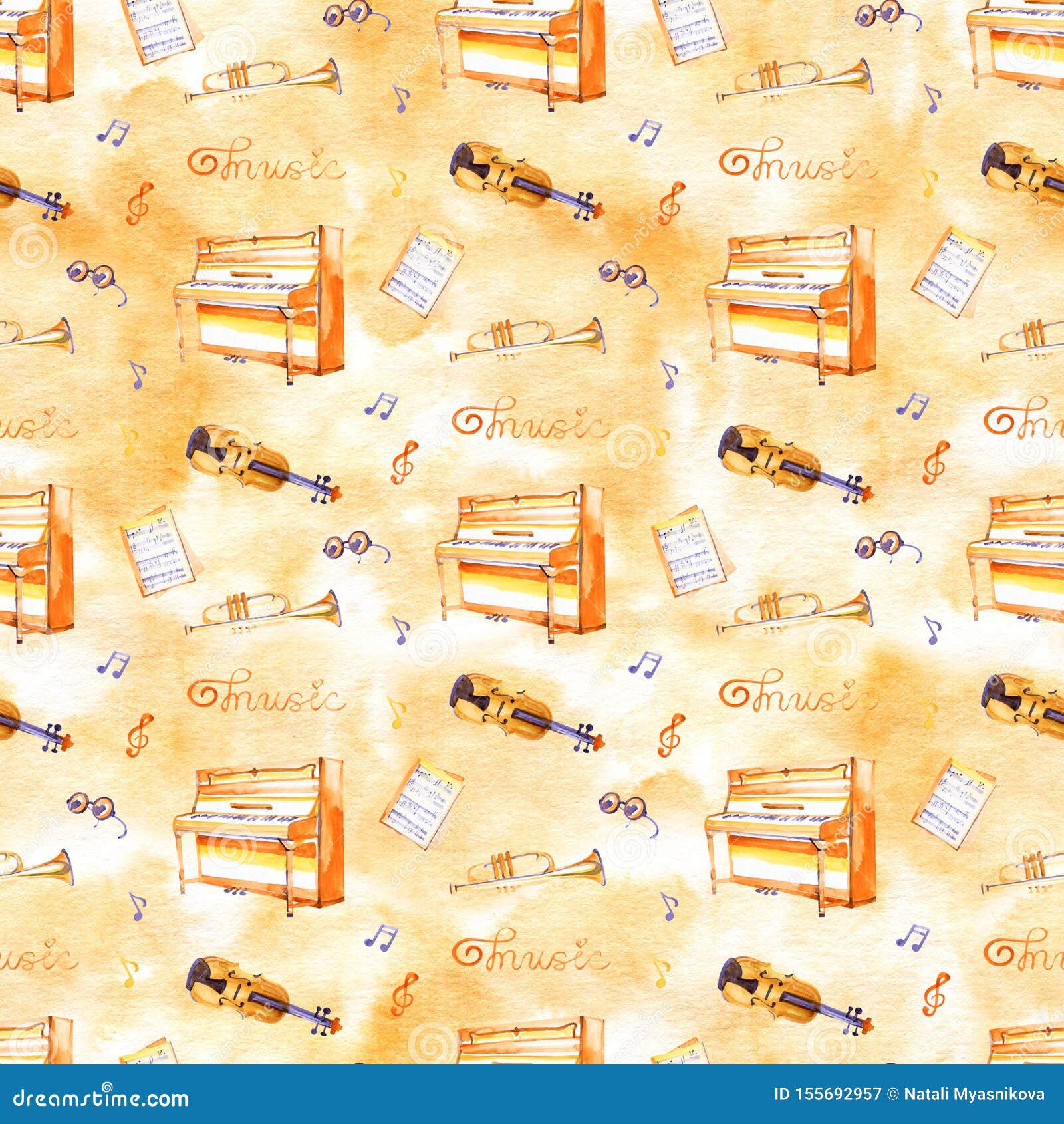 A Seamless Pattern with Hand Drawn Music Instruments on a Watercolor ...