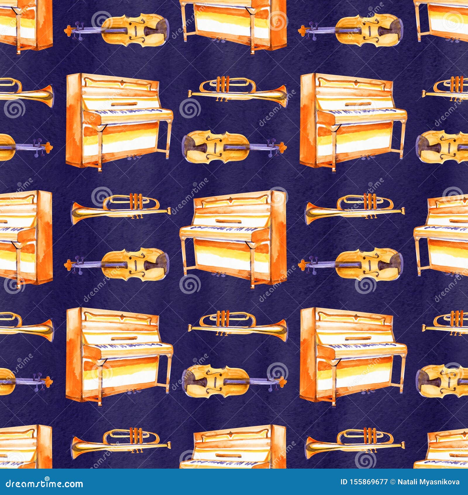 A Seamless Pattern with Hand Drawn Music Instruments on a Watercolor ...