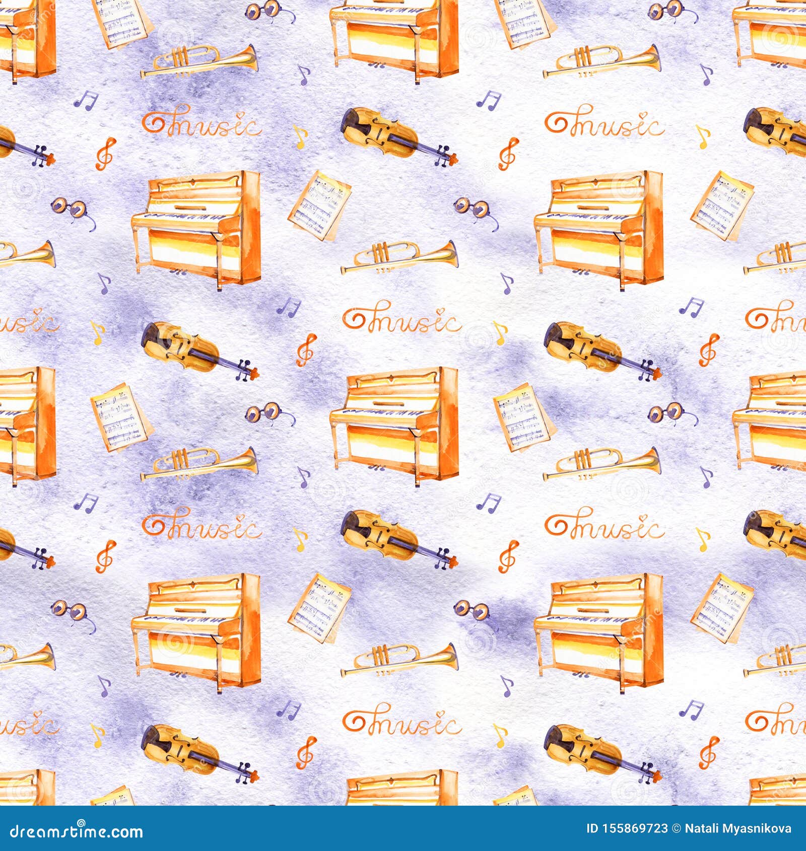 A Seamless Pattern with Hand Drawn Music Instruments on a Watercolor ...