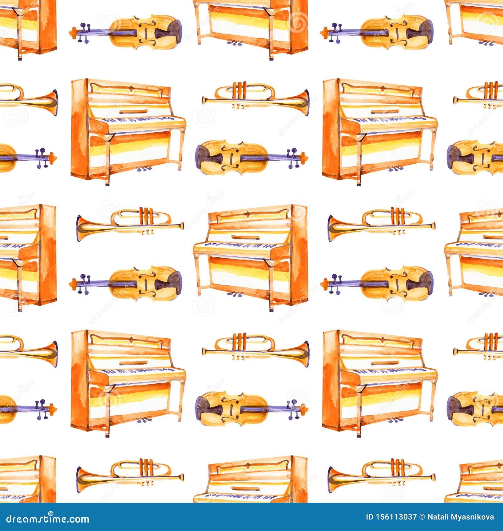 A Seamless Pattern with Hand Drawn Music Instruments on a Watercolor ...