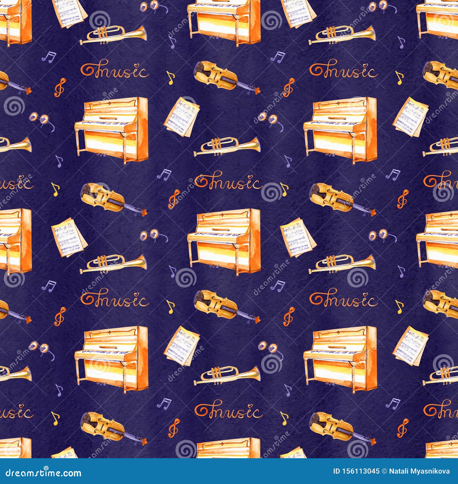A Seamless Pattern with Hand Drawn Music Instruments on a Watercolor ...