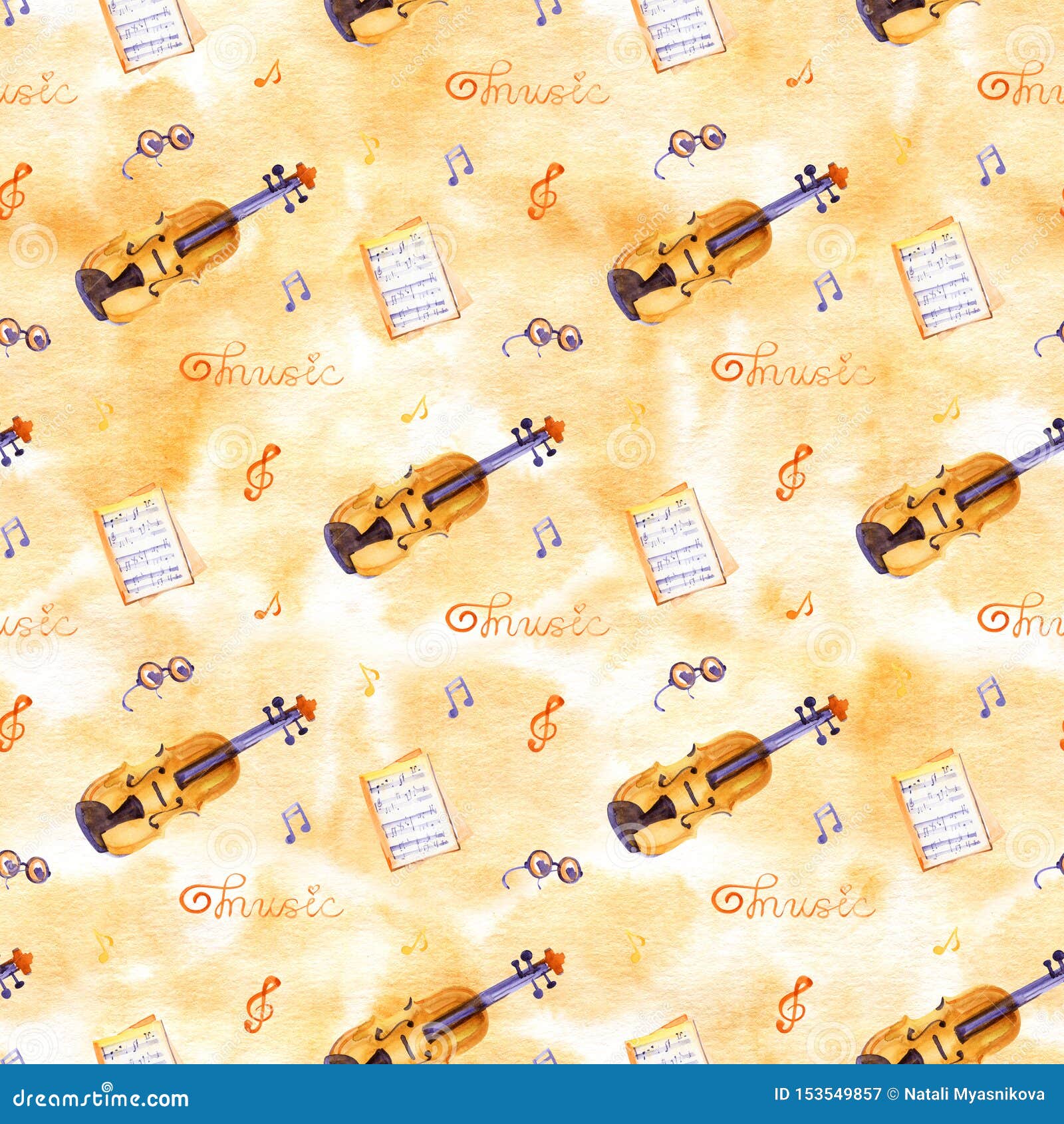 A Seamless Pattern with Hand Drawn Music Instruments on a Watercolor ...
