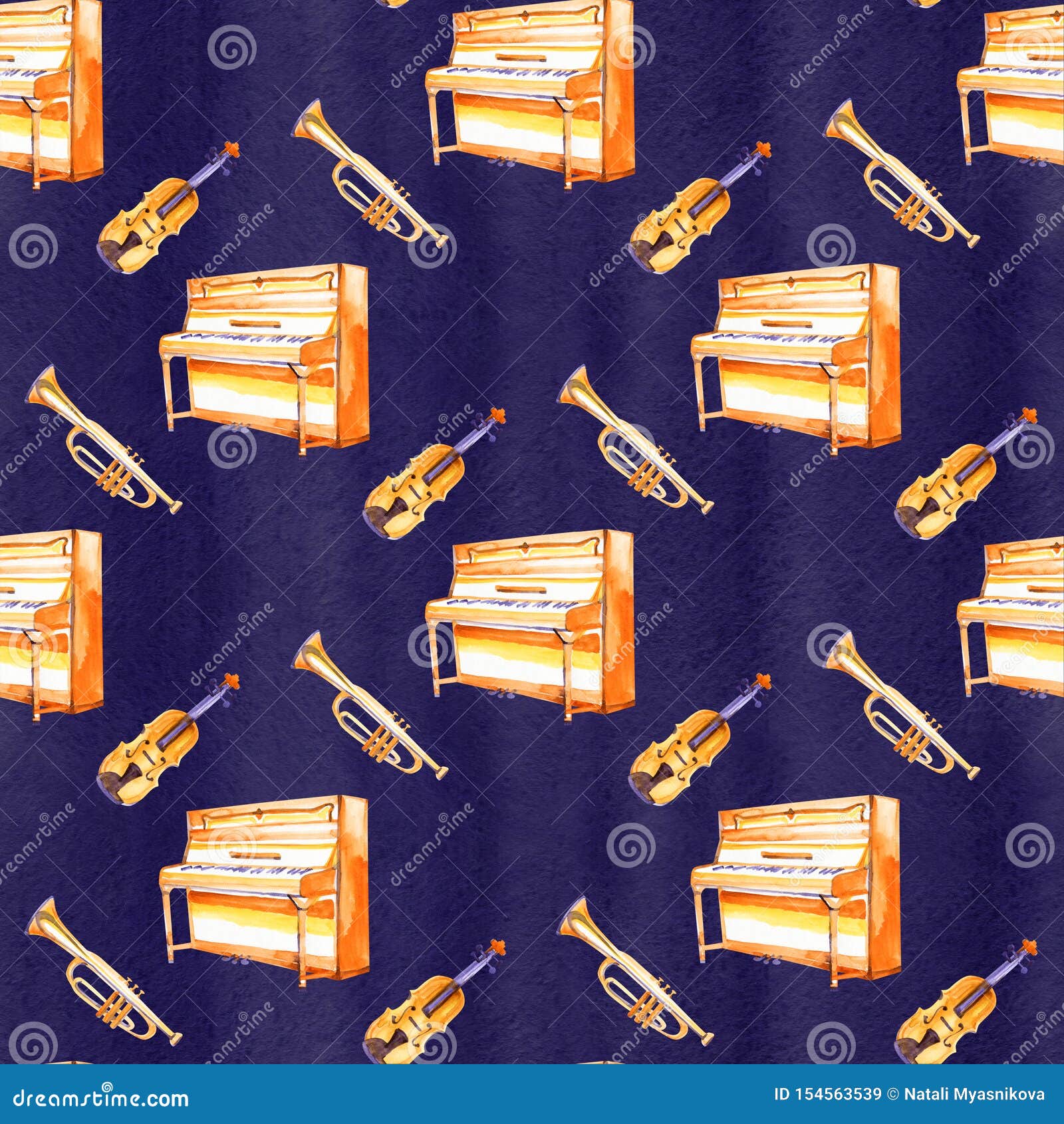 A Seamless Pattern with Hand Drawn Music Instruments on a Watercolor ...