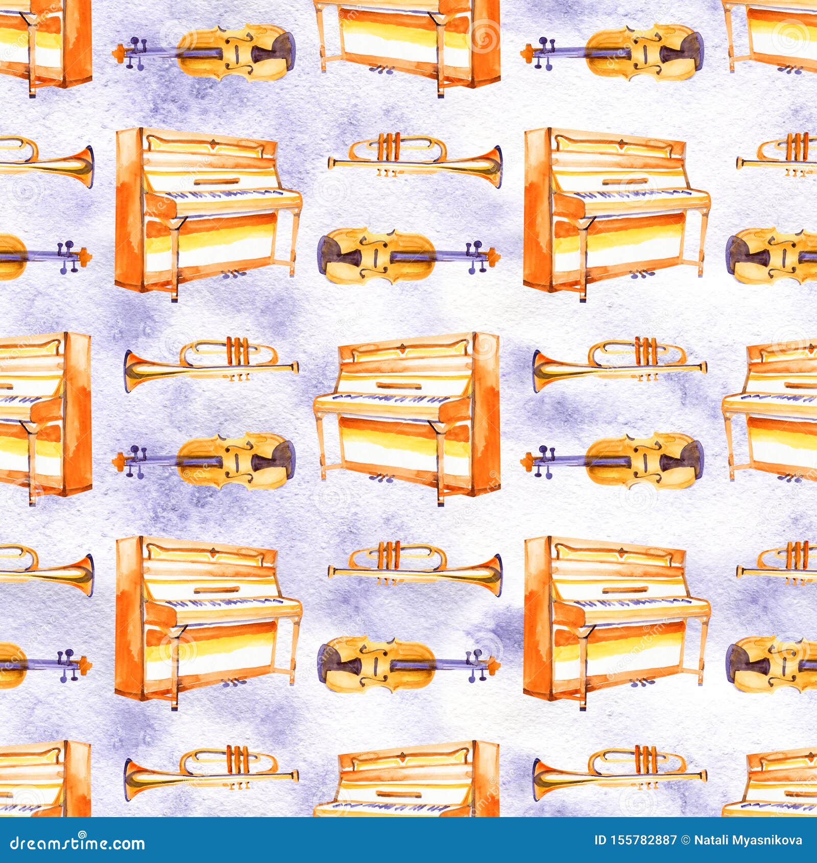 A Seamless Pattern with Hand Drawn Music Instruments on a Watercolor ...