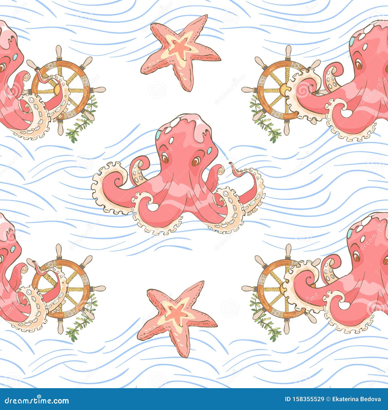 Seamless Pattern with Hand Drawn Octopus, Wheel and Waves. Vector ...