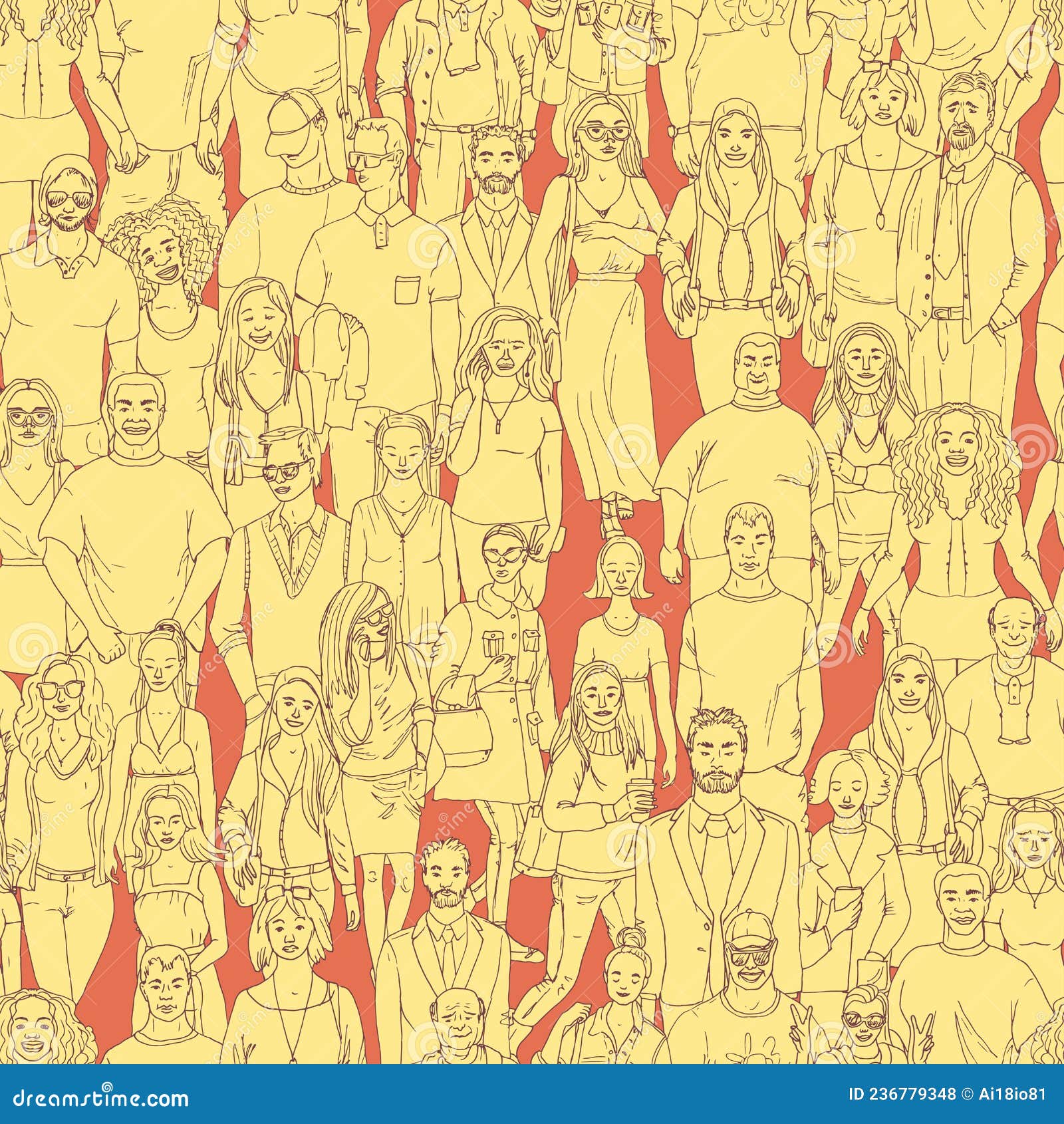 Seamless Pattern of Hand Drawn People Faces. Vector Illustration of ...