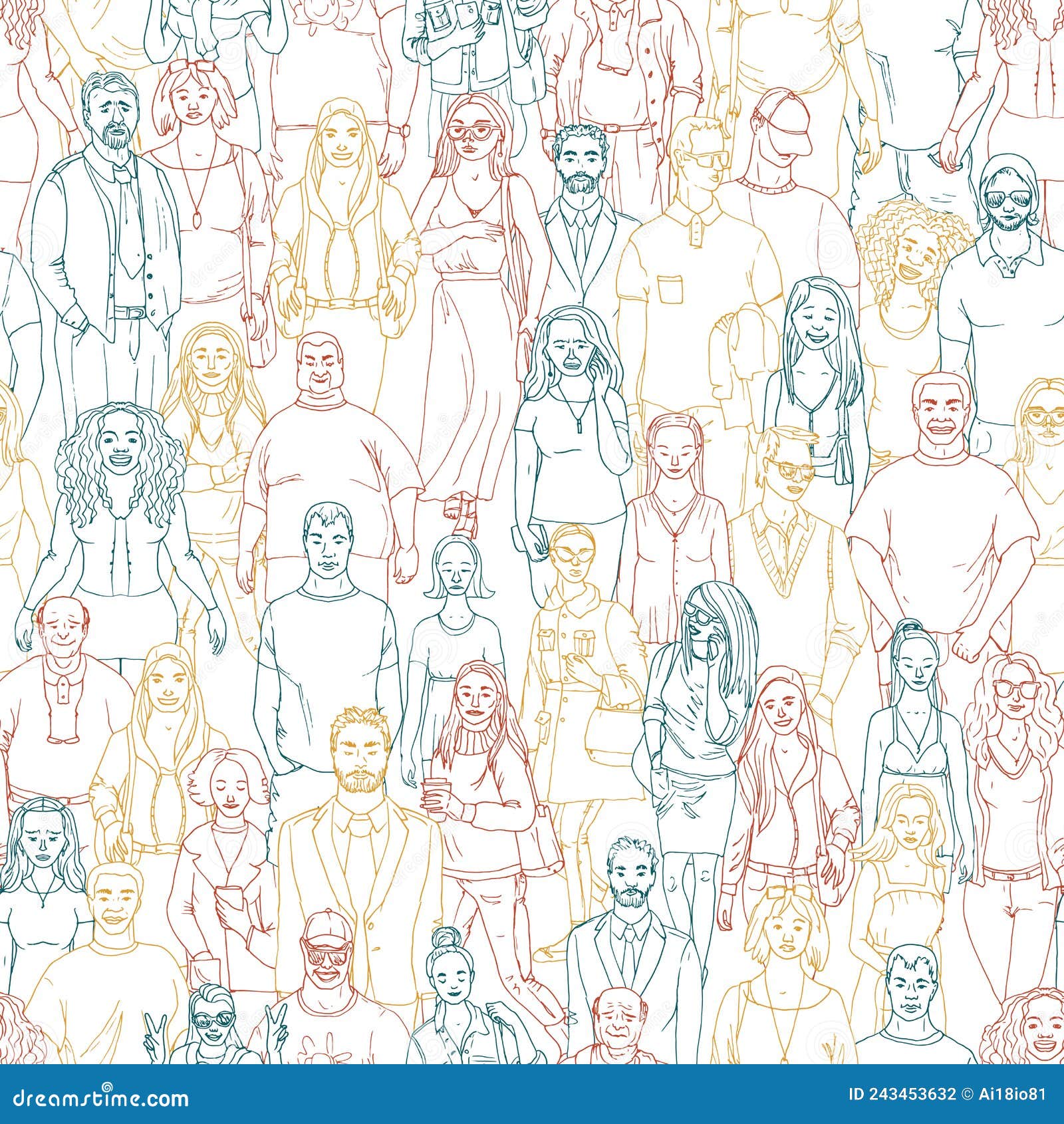 Seamless Pattern of Hand Drawn People Faces. Vector Illustration of ...