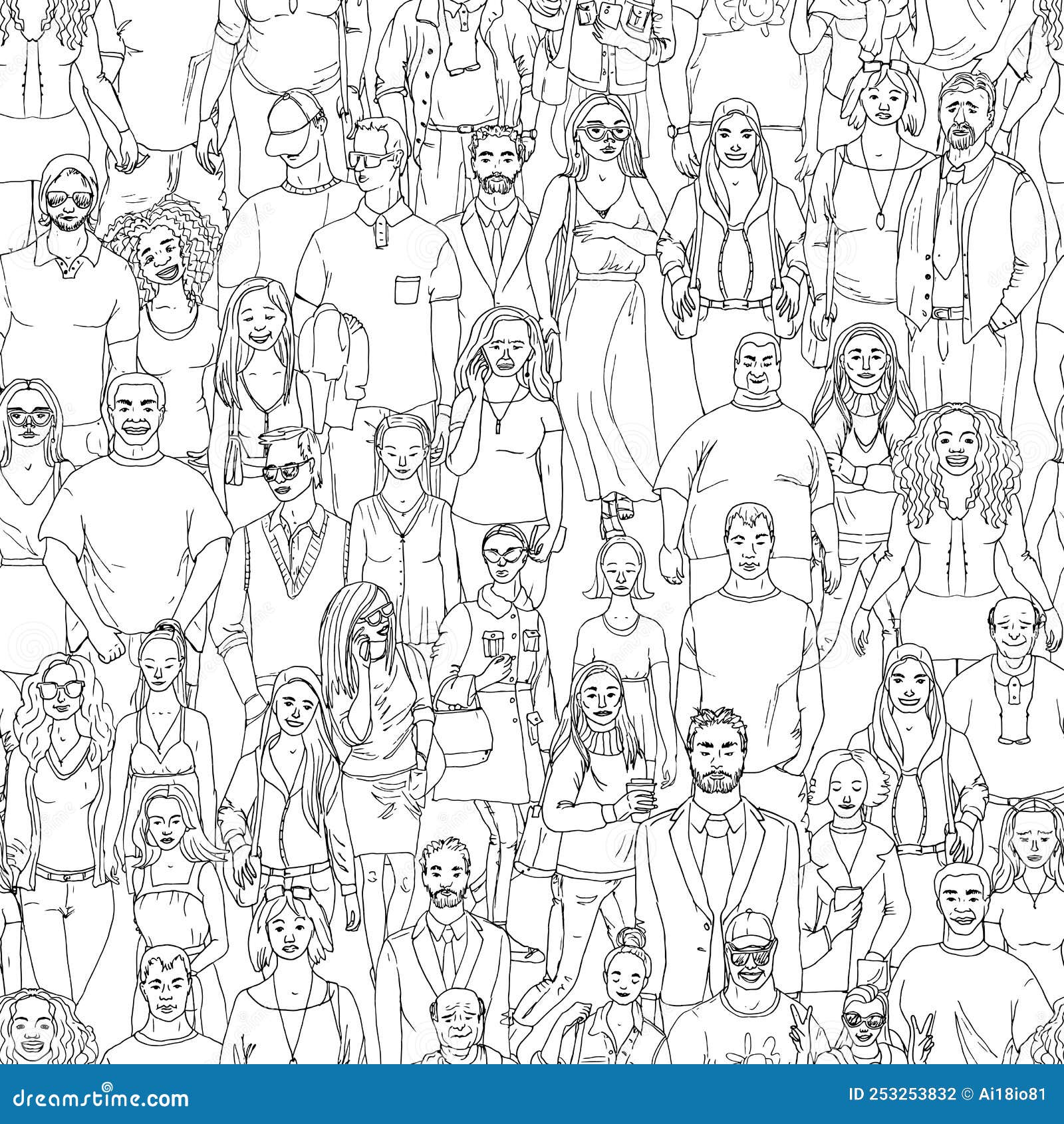Seamless Pattern of Hand Drawn People Faces. Vector Illustration of ...
