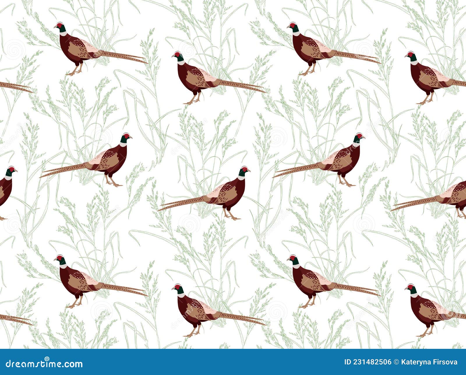Seamless Pattern with Hand Drawn Pheasants and Plants, Grass on a White ...