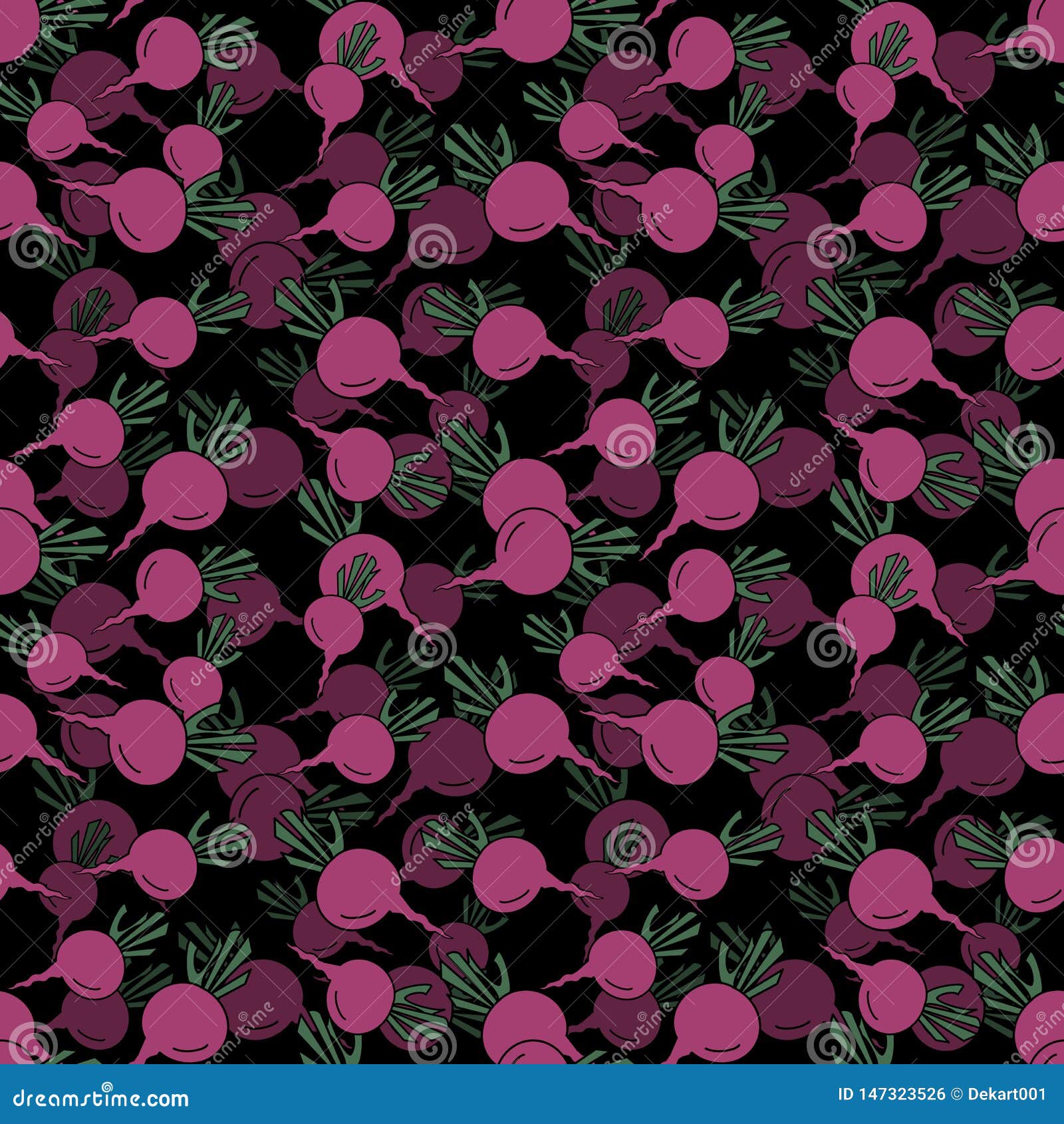 Seamless Pattern with Hand Drawn Pink Beets on Black Backdrop. Stock Illustration - Illustration ...