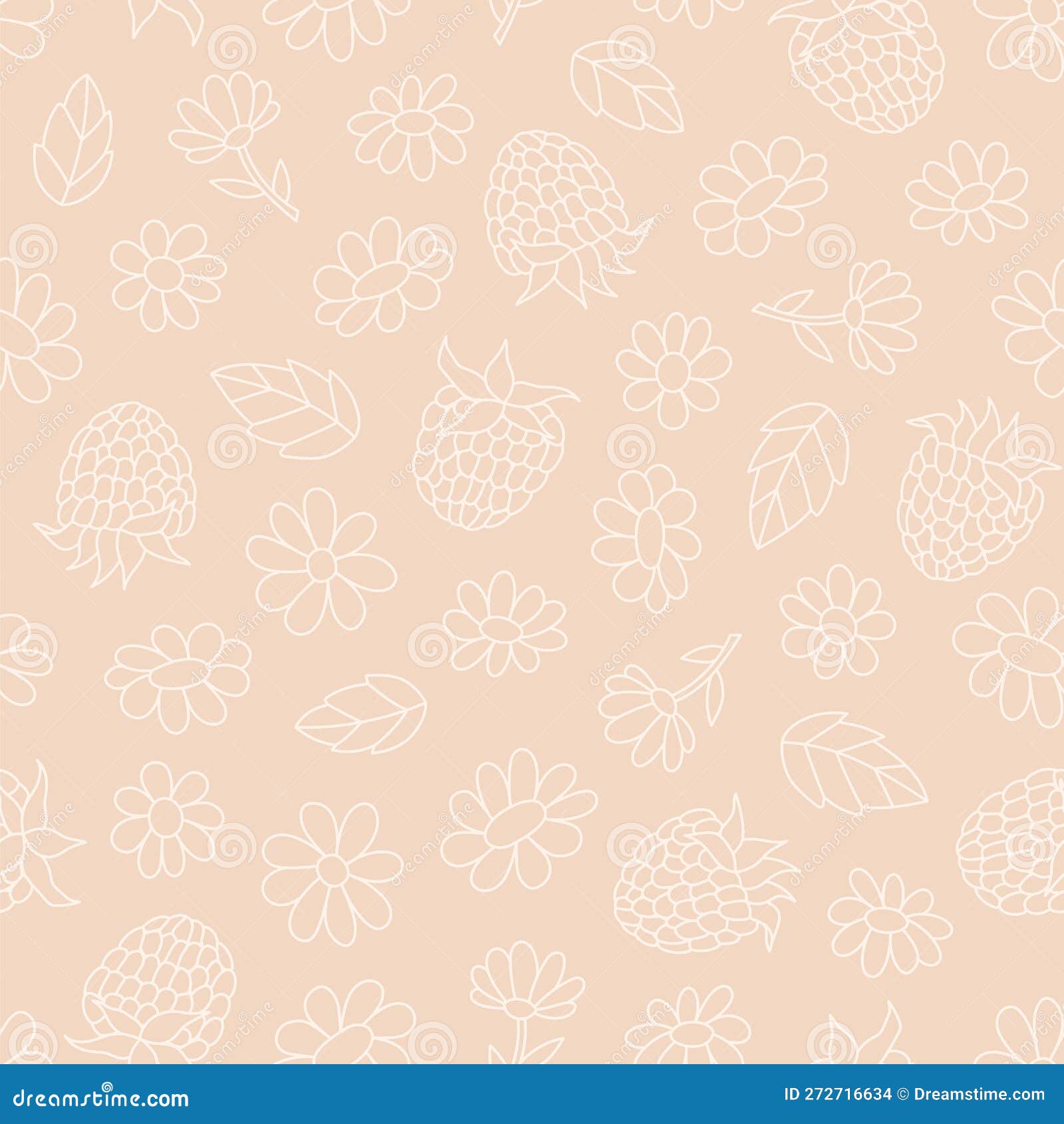 Seamless Pattern of Hand-drawn Raspberry Berries and Flowers. Light and ...