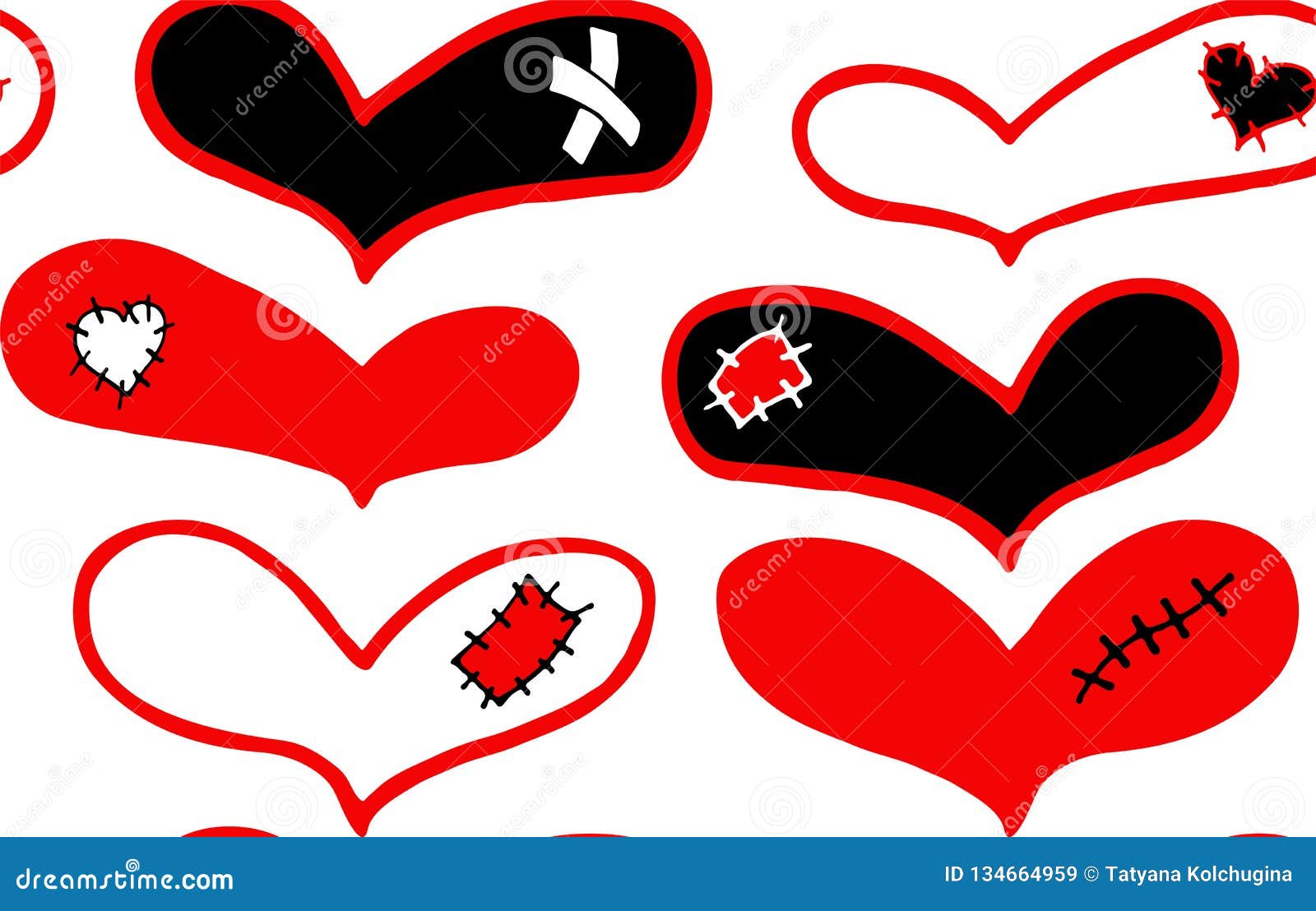 Seamless Pattern of Hand Drawn Red and Black Hearts with Plaster, Scar ...