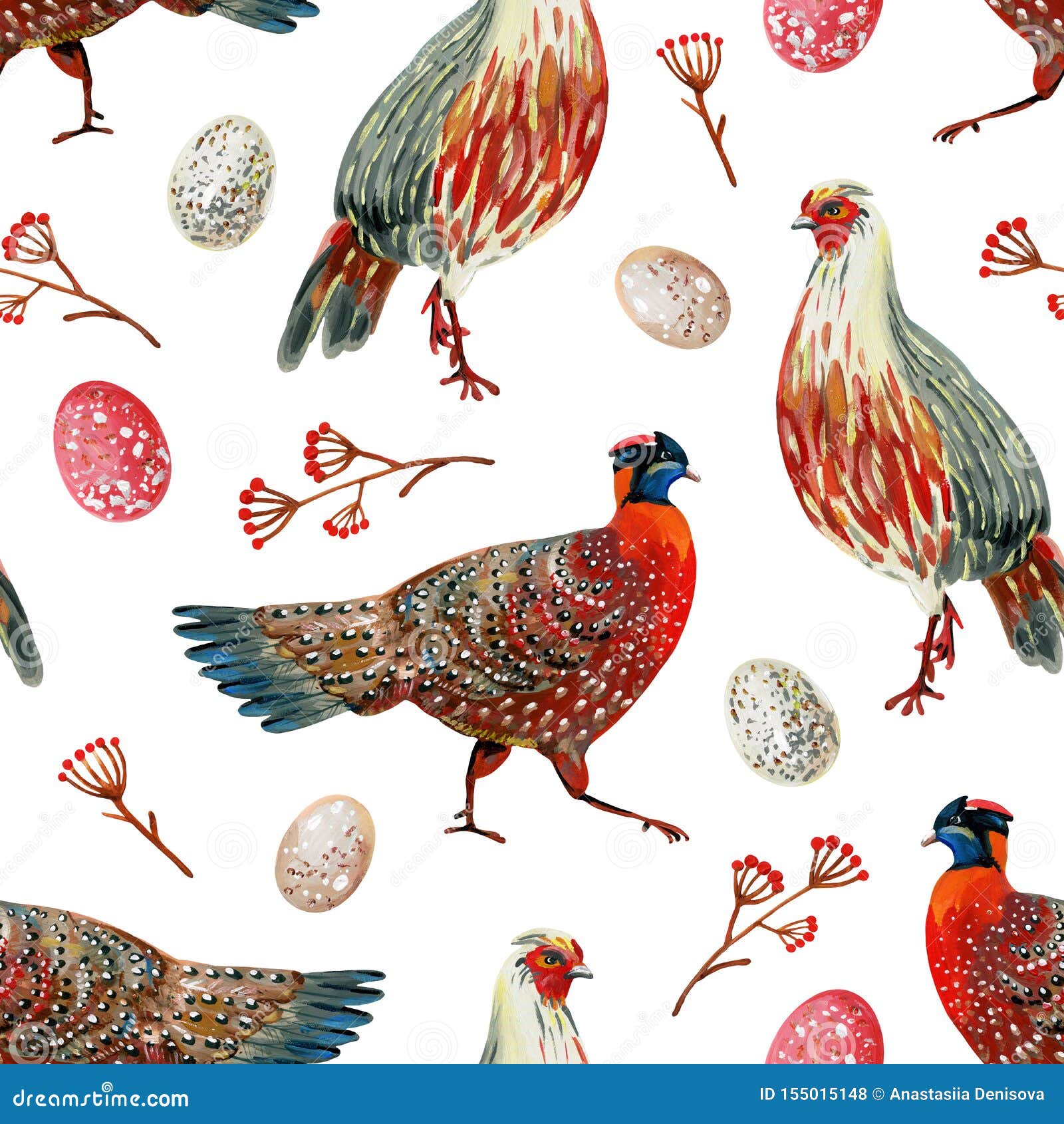 Seamless Pattern with Hand-drawn Red Pheasants, Spotted Eggs and ...
