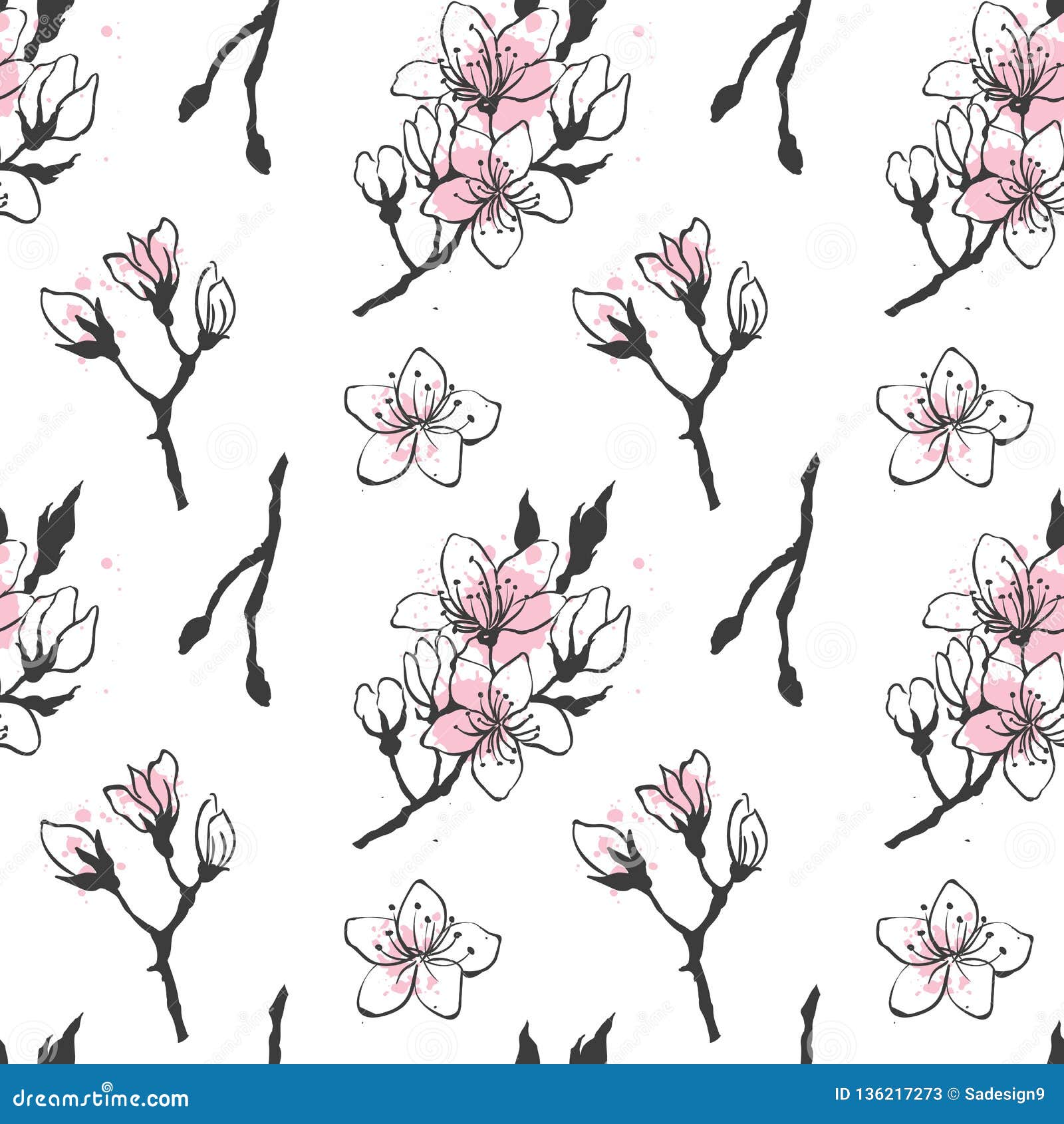 Seamless Pattern with Hand Drawn Sakura Flowers. Stock Vector ...