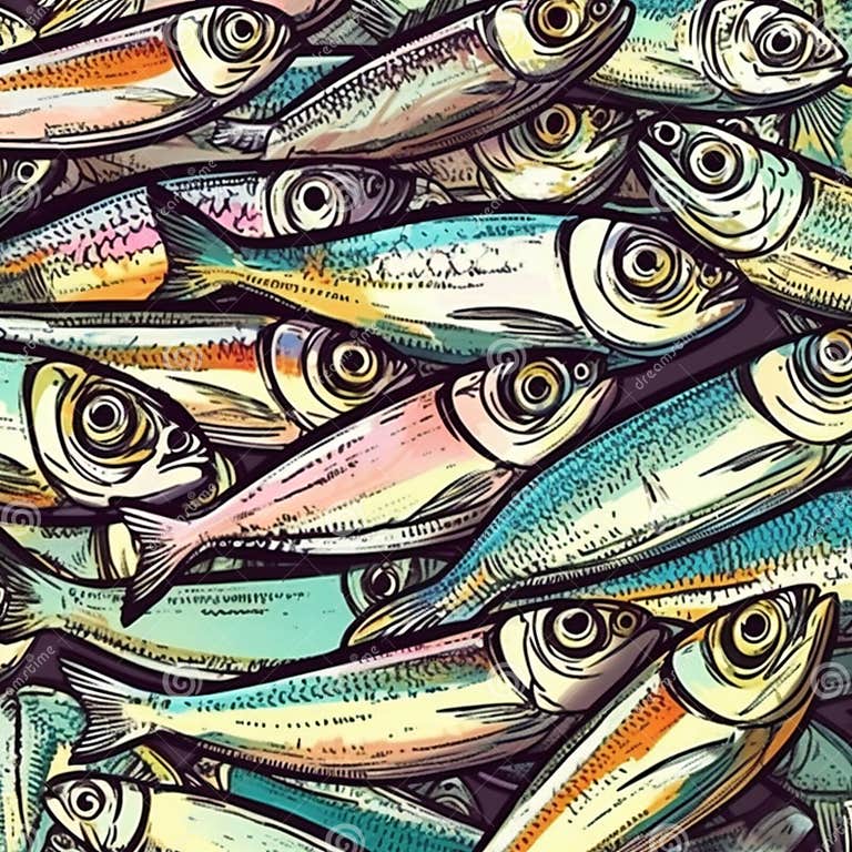 Seamless Pattern with Hand Drawn Sardines Stock Illustration ...