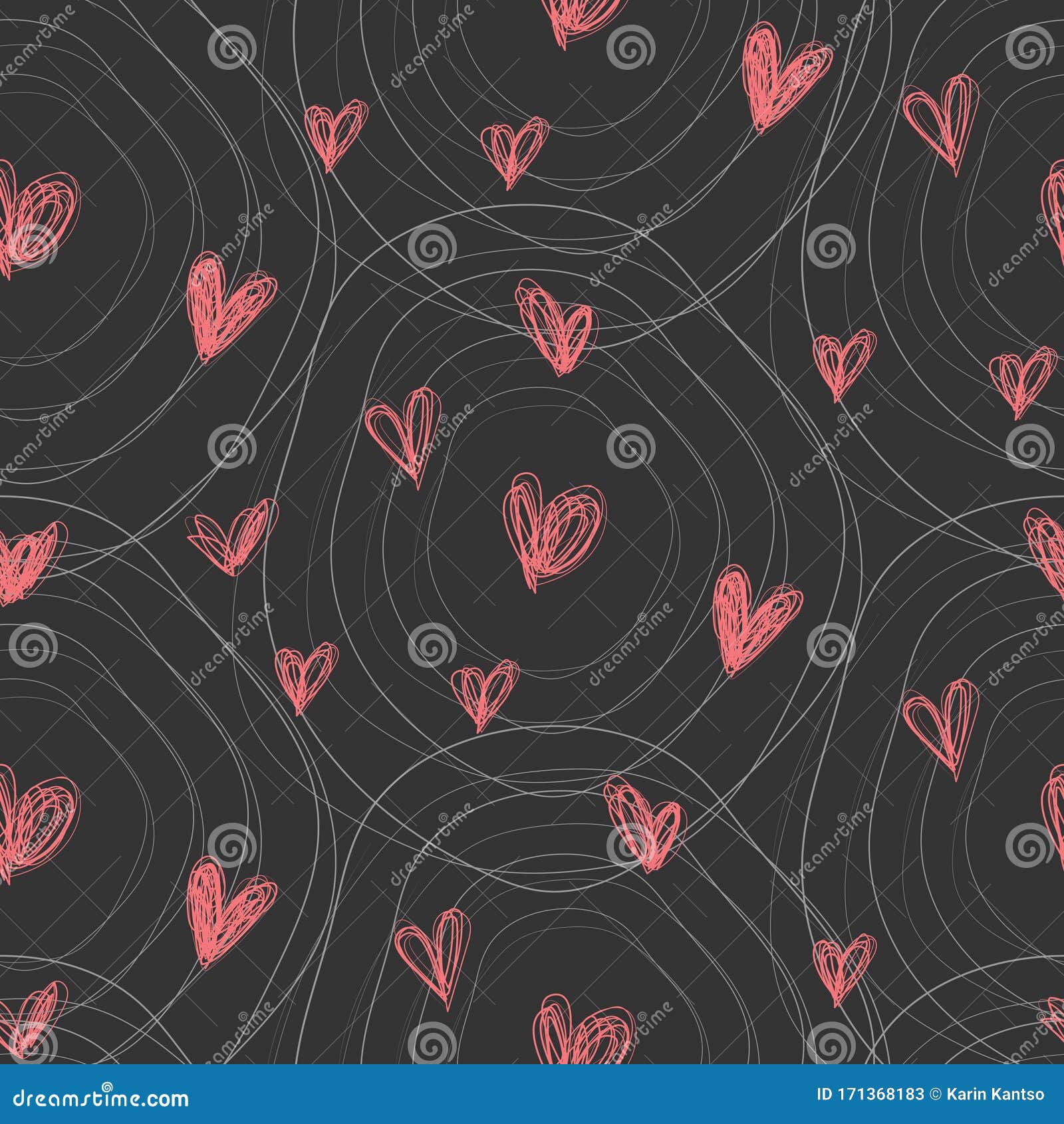 Seamless Pattern with Hand Drawn Scribble Hearts. Valentine Vector Design in Grunge Style Stock ...