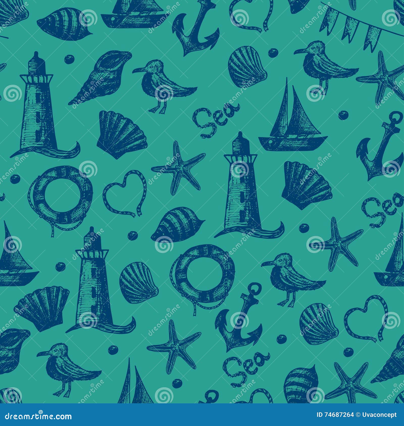 Seamless Pattern Hand Drawn Sea Themed Objects. Stock Vector ...