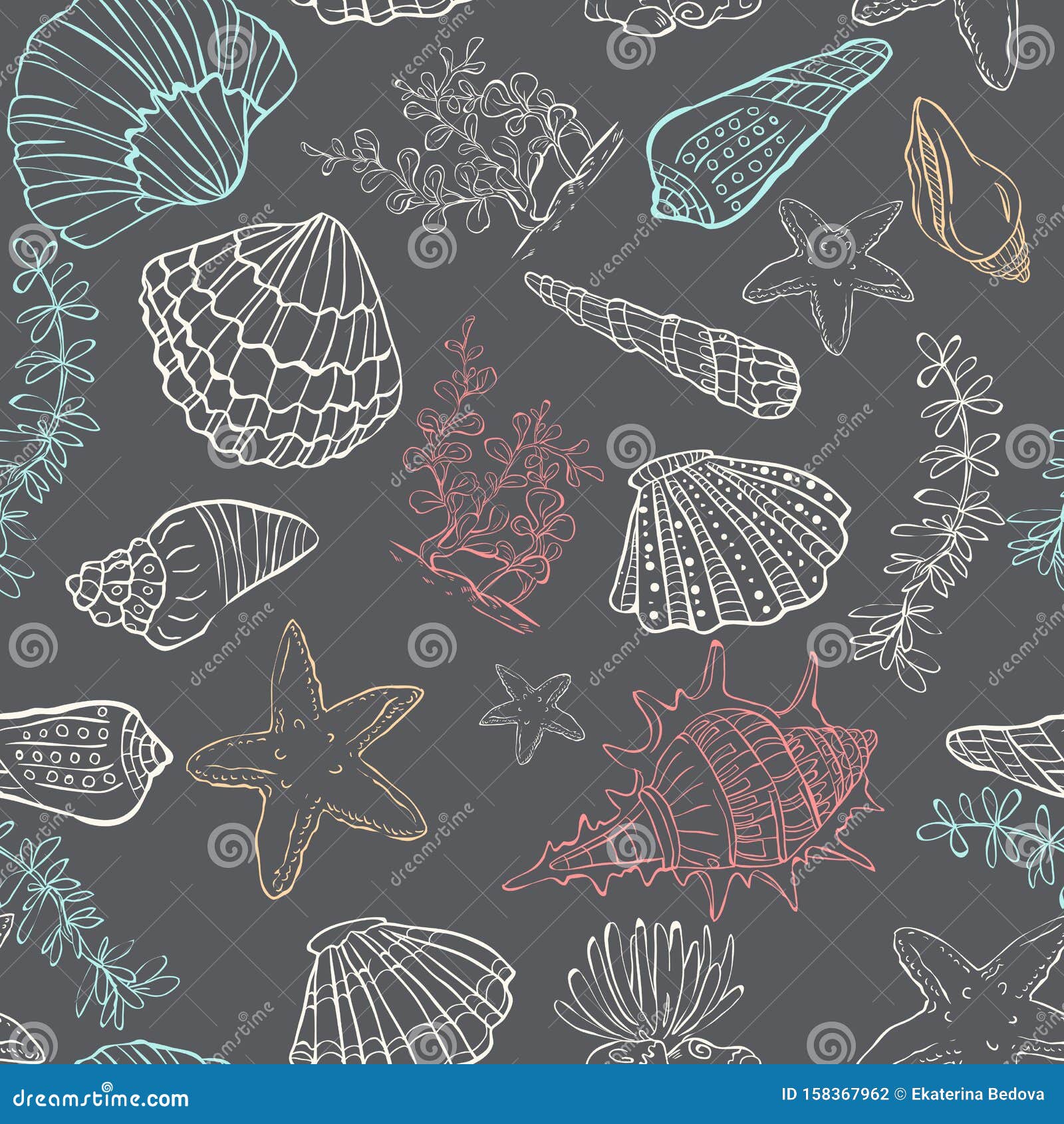 Seamless Pattern with Hand Drawn Shells on White Background Stock ...