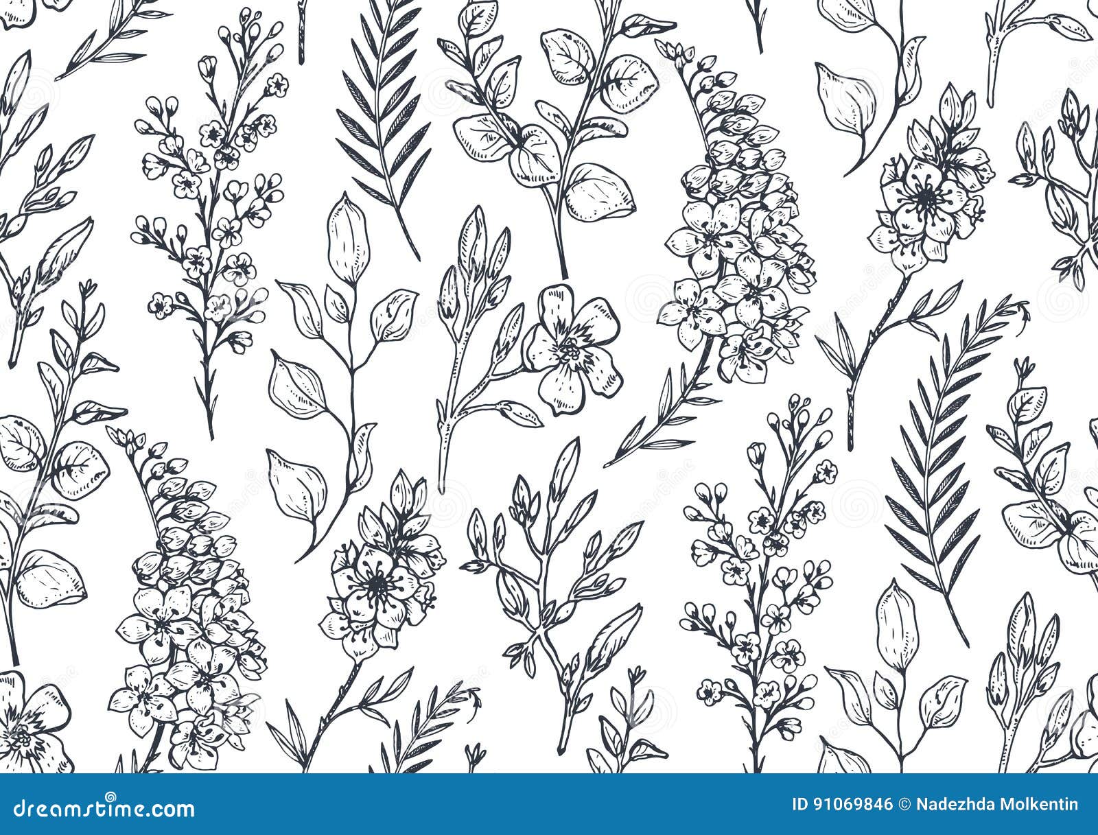 Seamless Pattern with Hand Drawn Spring Flowers and Plants Stock Vector ...