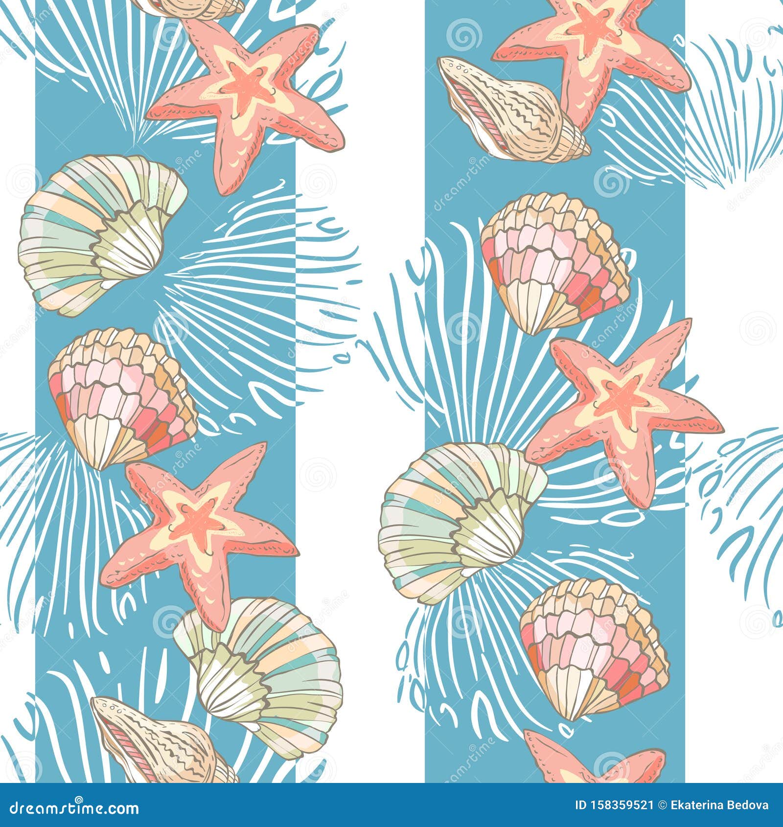 Seamless Pattern with Hand Drawn Stars and Shells. Vertical Endless ...