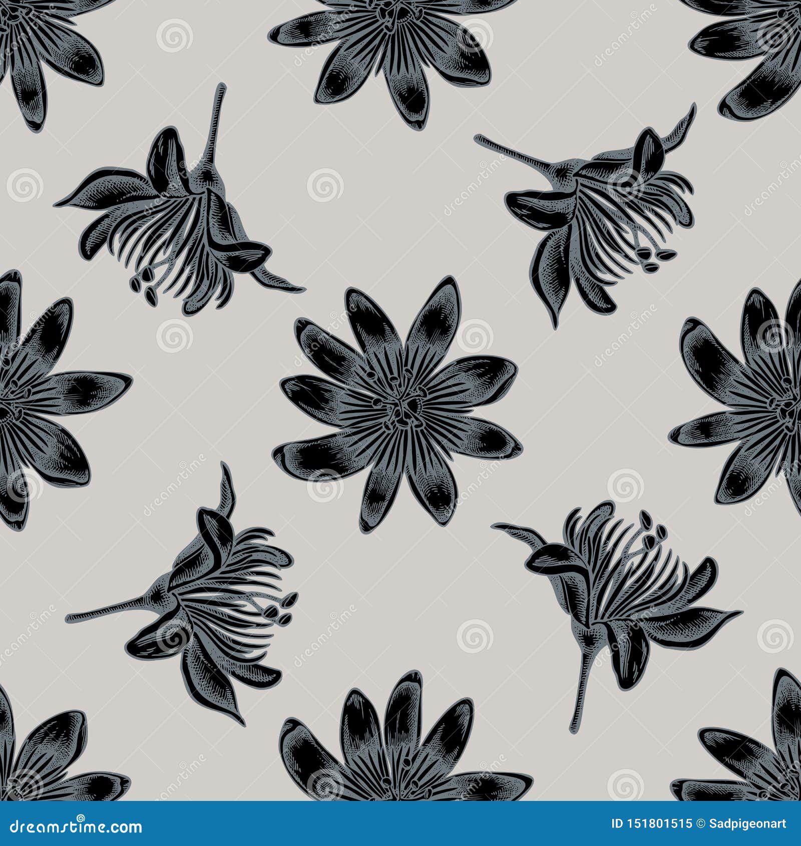 Seamless Pattern with Hand Drawn Stylized Passion Flower Stock Vector ...