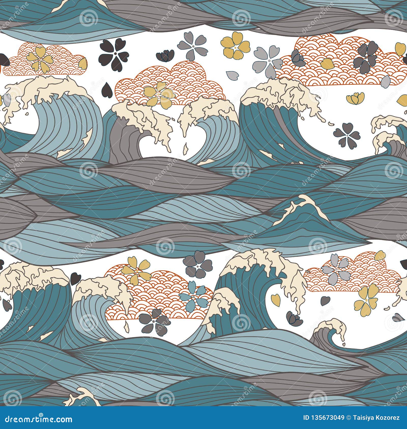 Seamless Pattern with Hand Drawn Stylized Sea Waves, Japanese Sakura ...