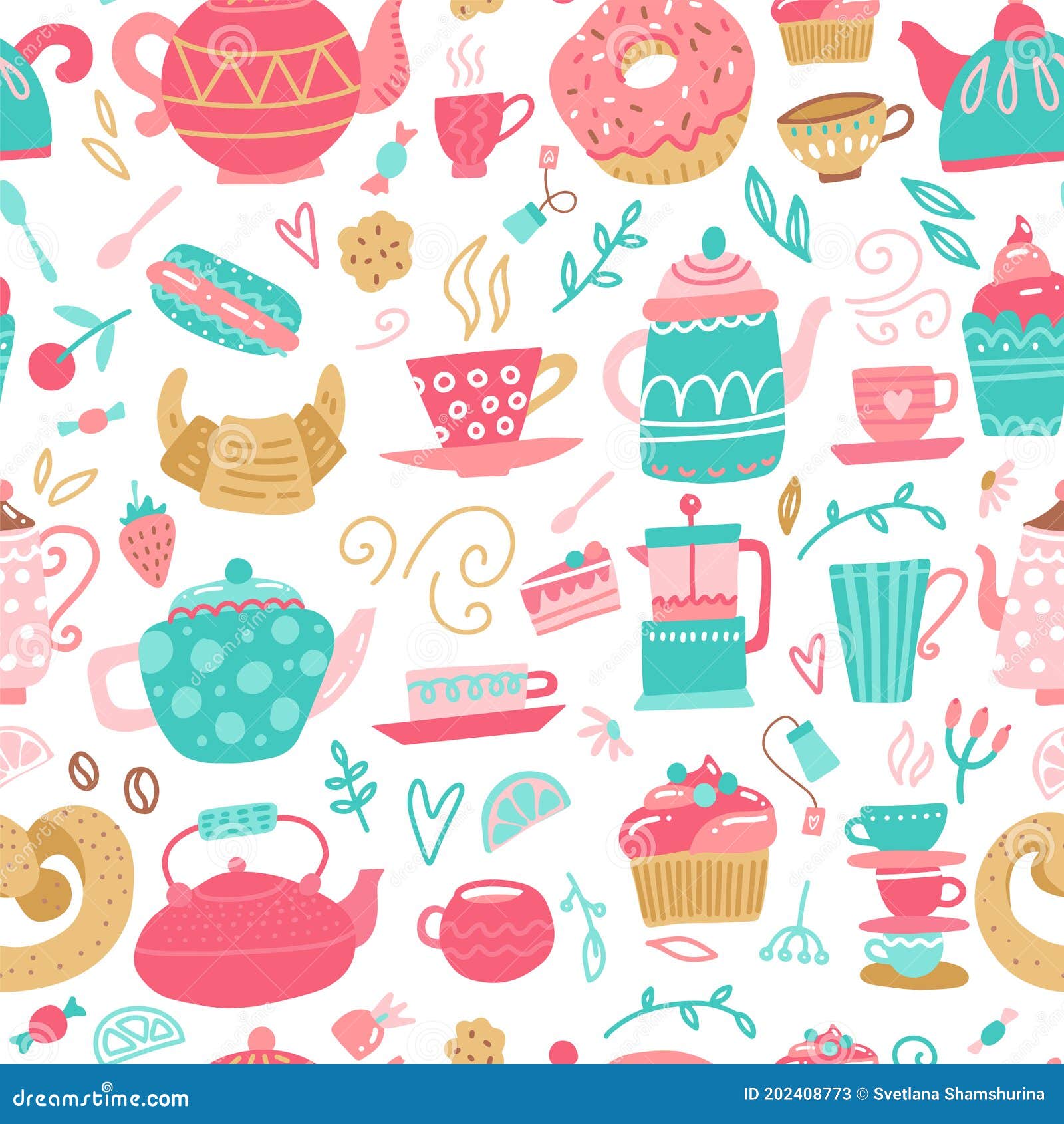 Seamless Pattern with Hand Drawn Tea Time Symbols on White Background ...
